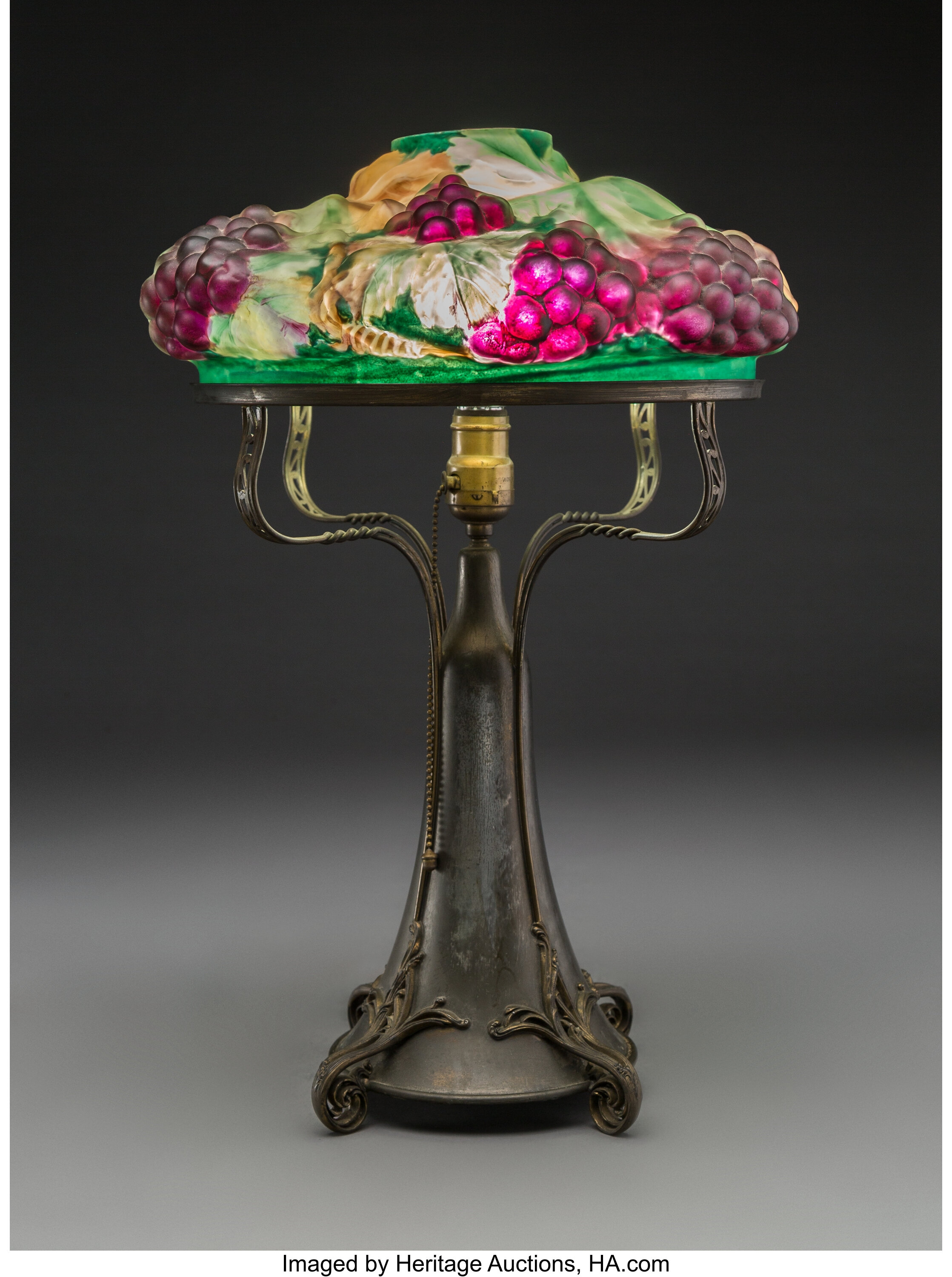 Pairpoint Brass and Reverse Painted Glass Puffy Grapevine Lamp. | Lot ...