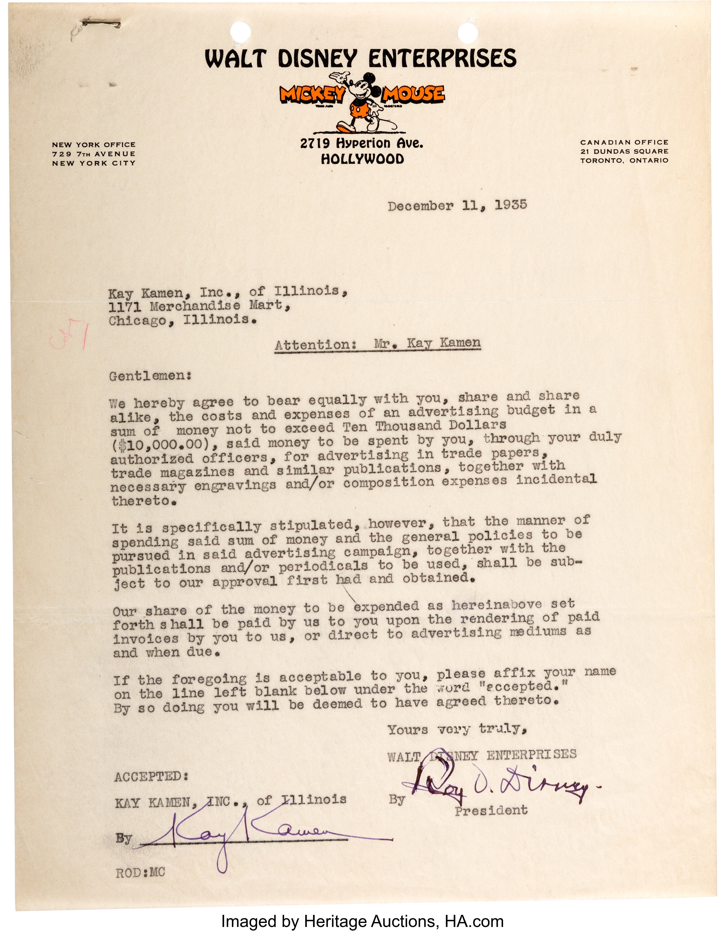 Letter to Kay Kamen Signed by Roy O. Disney (Walt Disney, 1935 ...