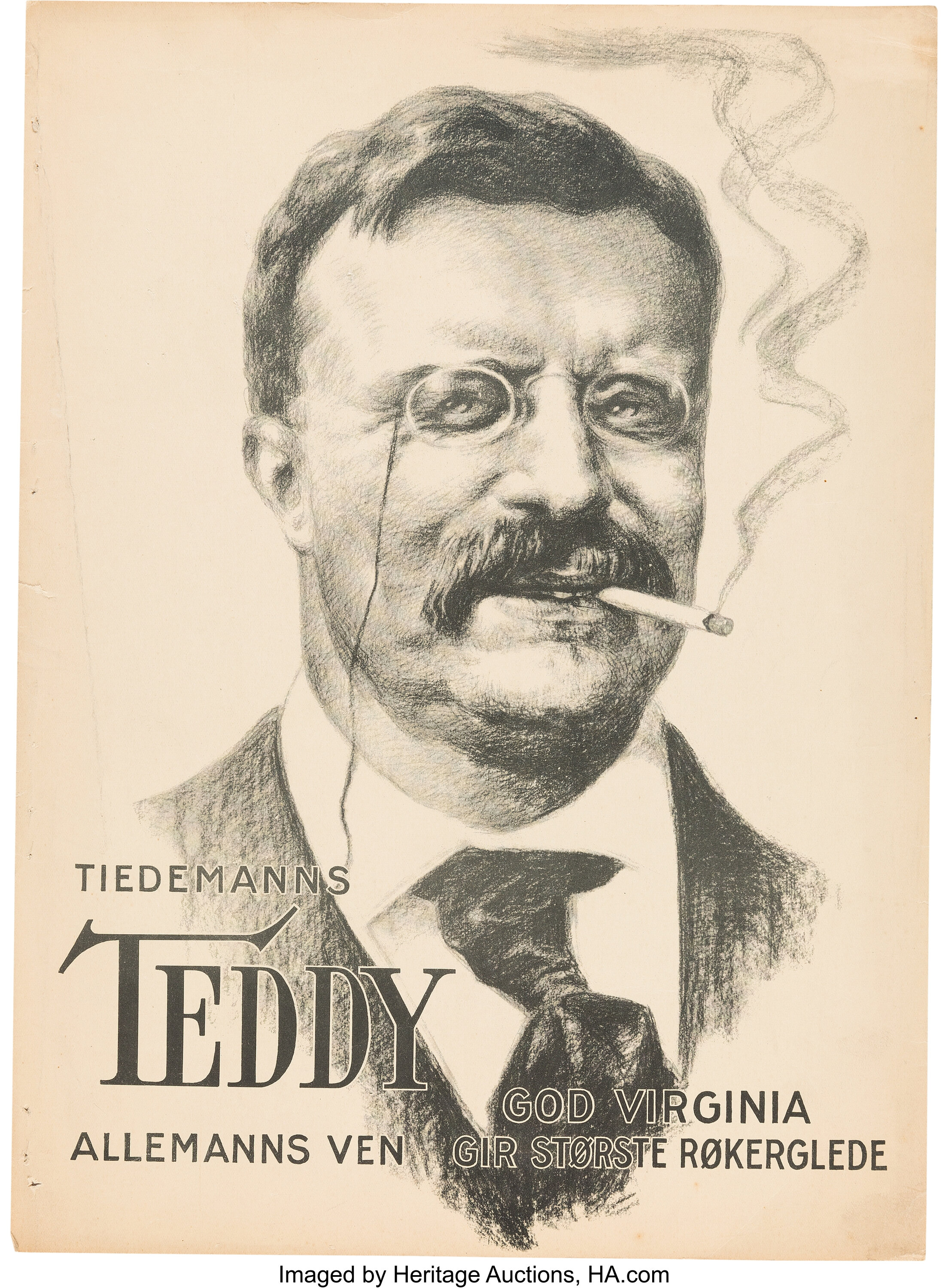 Theodore Roosevelt: "Teddy" Cigarette Advertising Poster.... | Lot ...