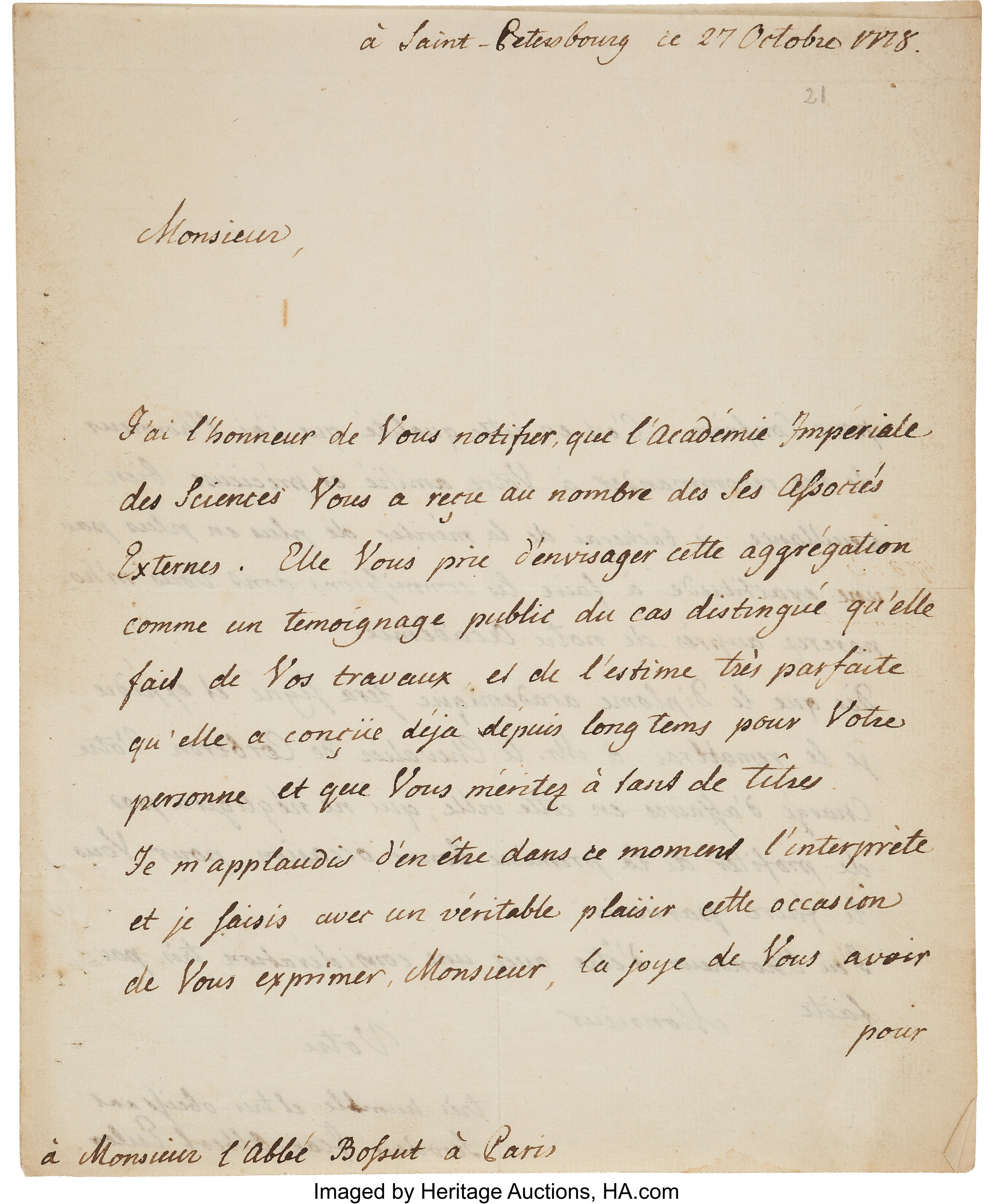 Jean-Albert Euler. Autograph Letter Signed. . ... Autographs | Lot ...