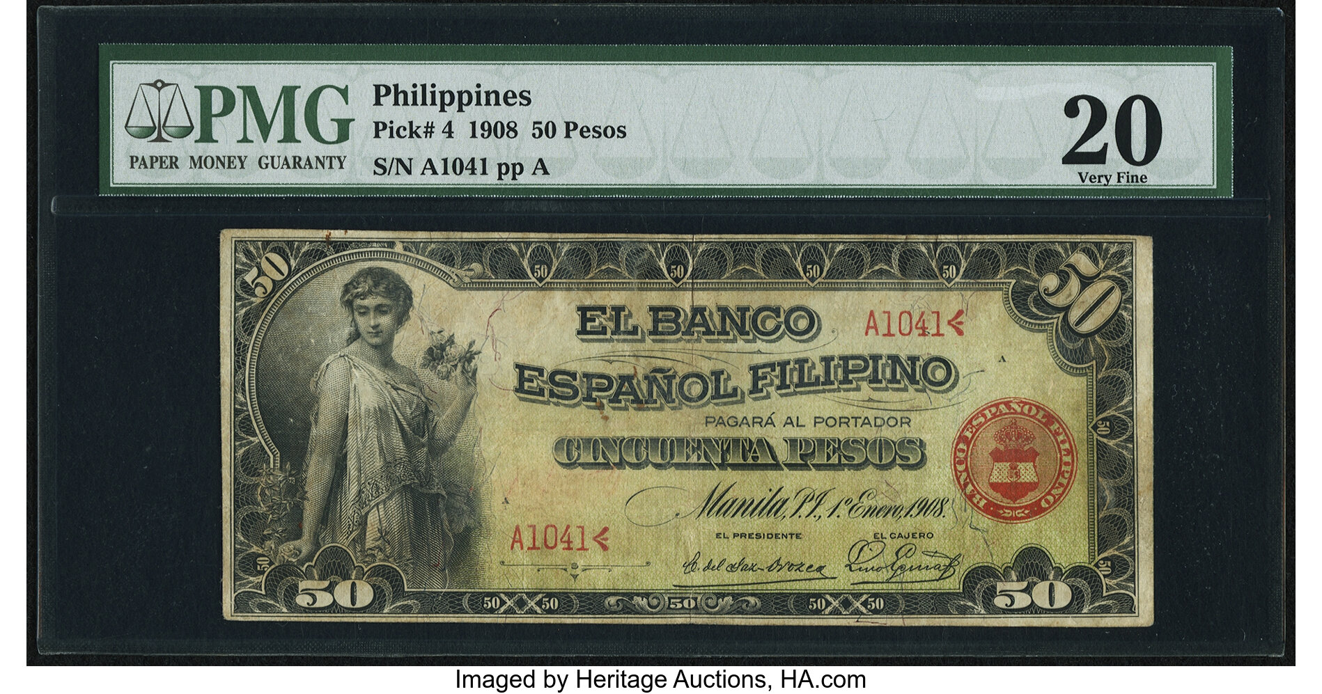 Philippines Banco Español Filipino 50 Pesos 1908 Pick 4 PMG Very | Lot ...