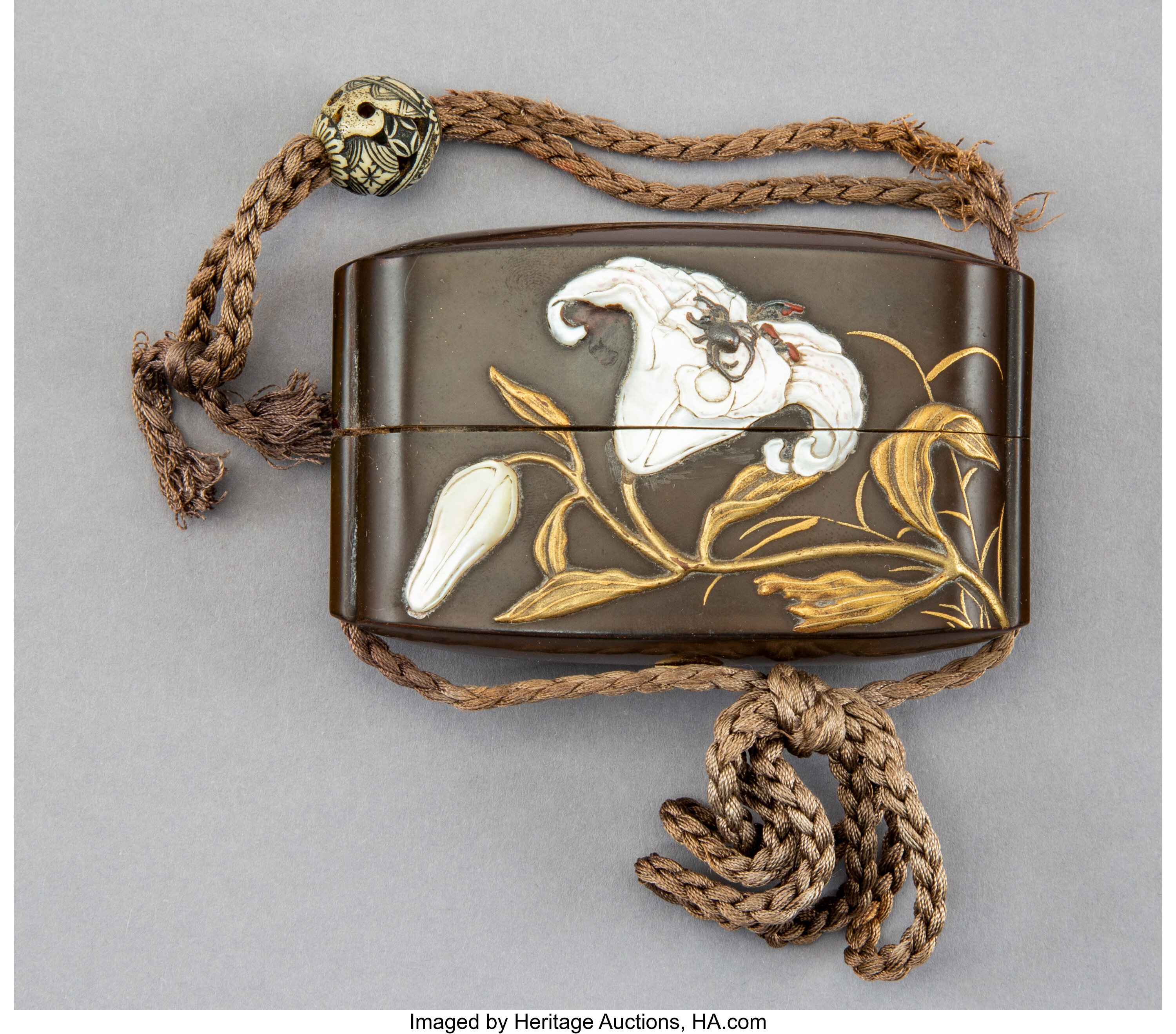 A Japanese Partial Gilt and Carved Wood Inro with Mother-of-Pearl | Lot ...