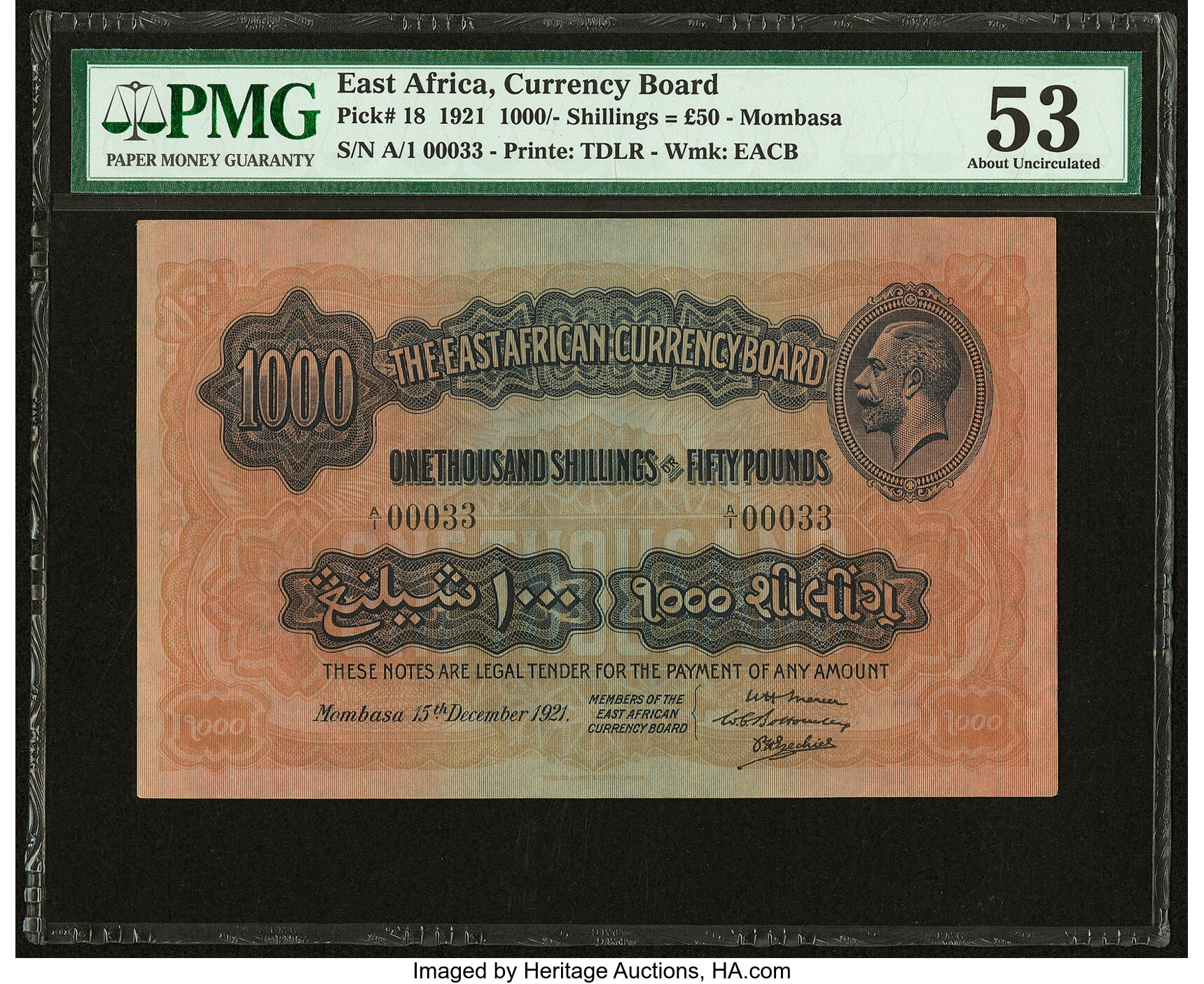 East Africa East African Currency Board, Mombasa 1000 Shillings or ...