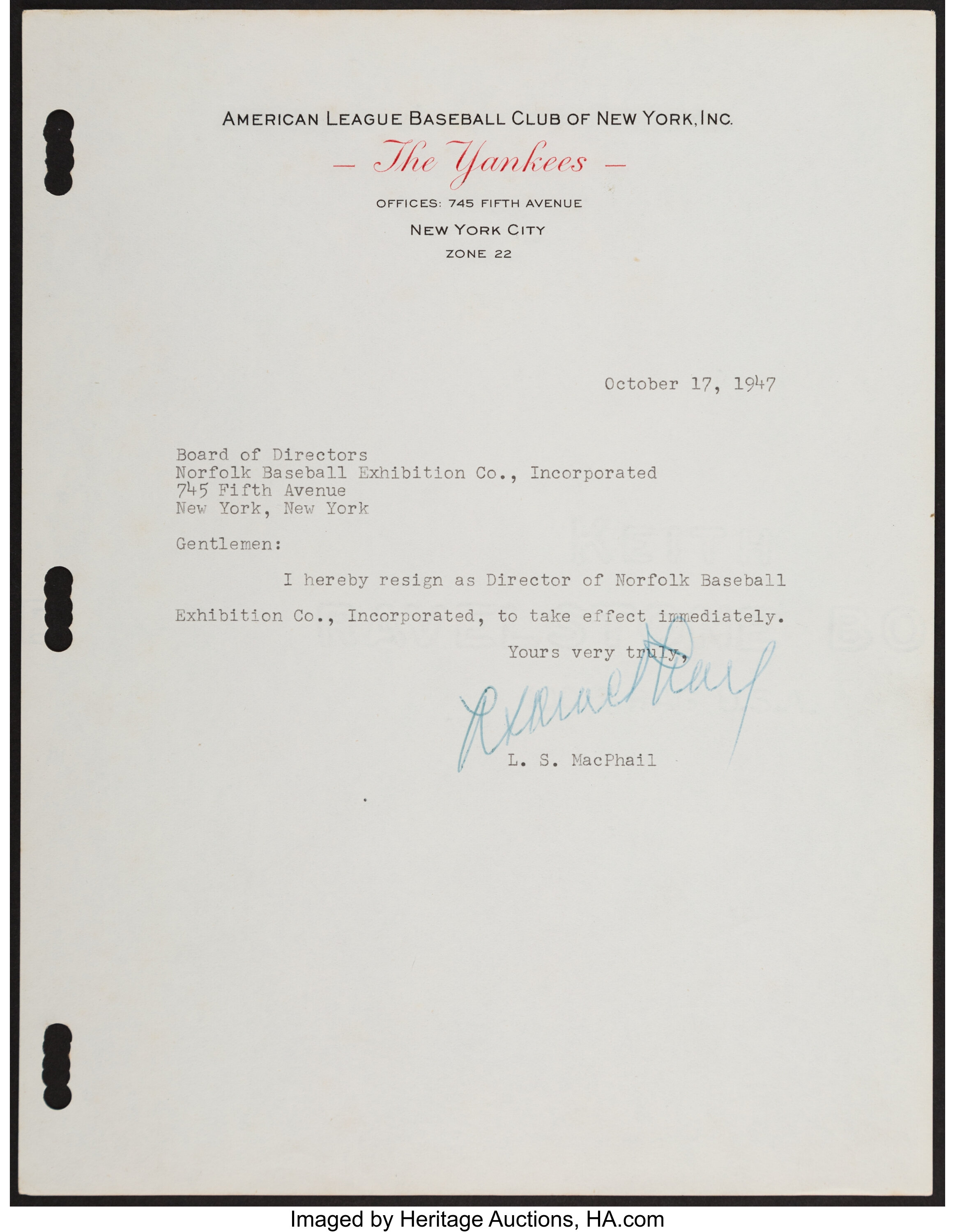 1947 Larry MacPhail Signed Letter.... Baseball Collectibles Others ...