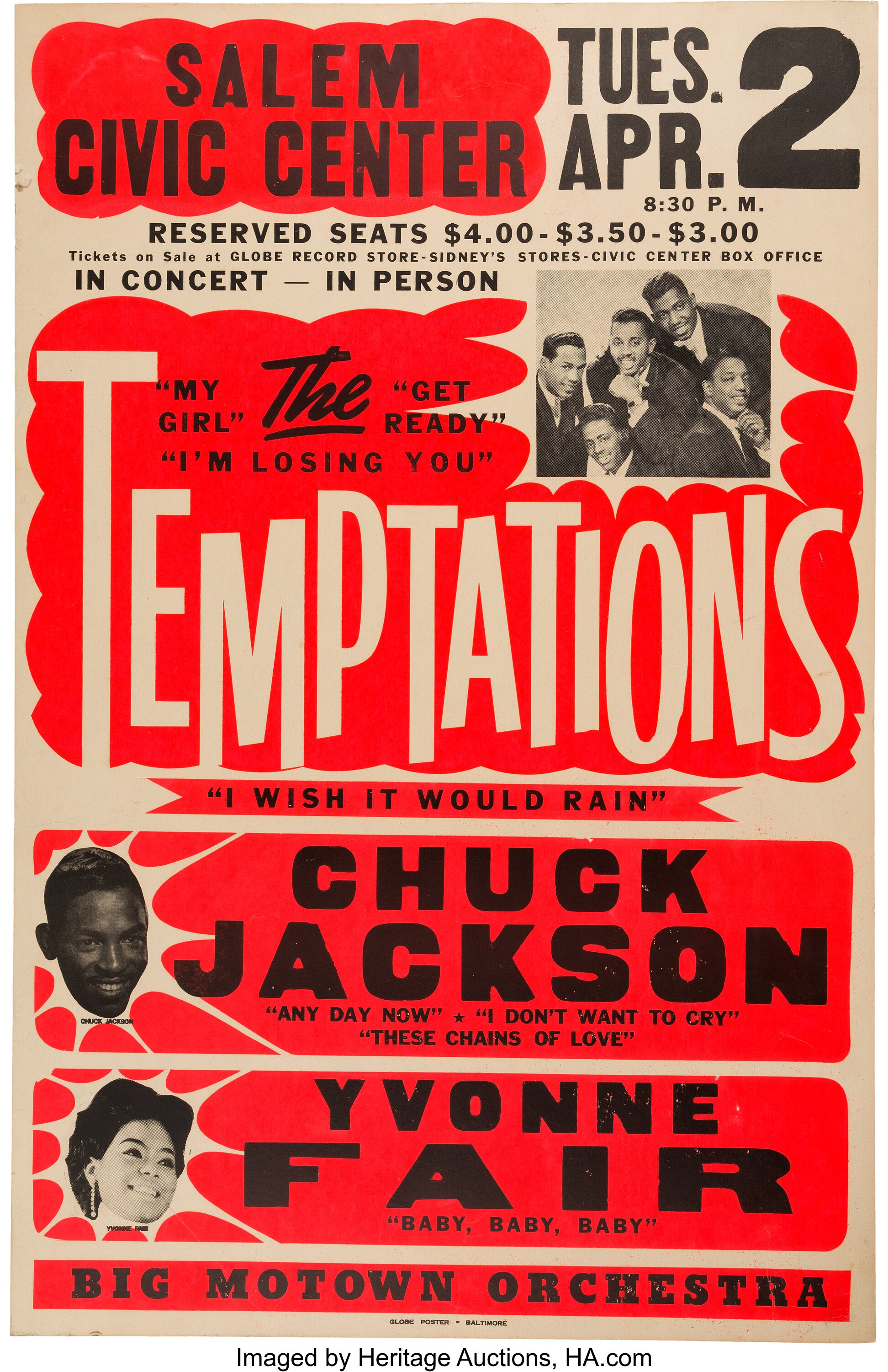 The Temptations 1968 Jumbo Globe Concert Poster with Four Big Hits ...
