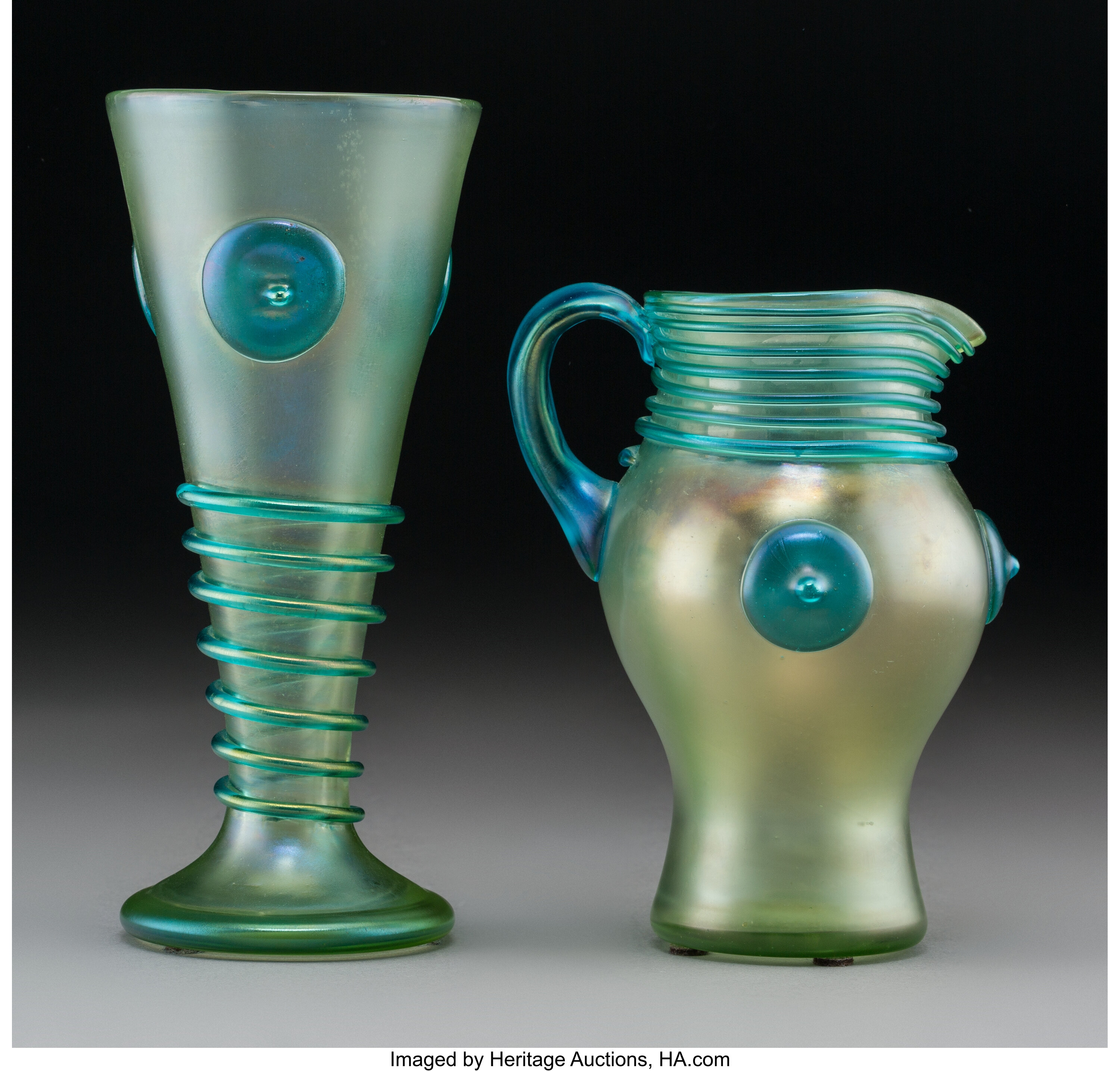 Loetz Orpheus Glass Vase and Pitcher, 1903. 8-1/2 inches (21.6 cm ...