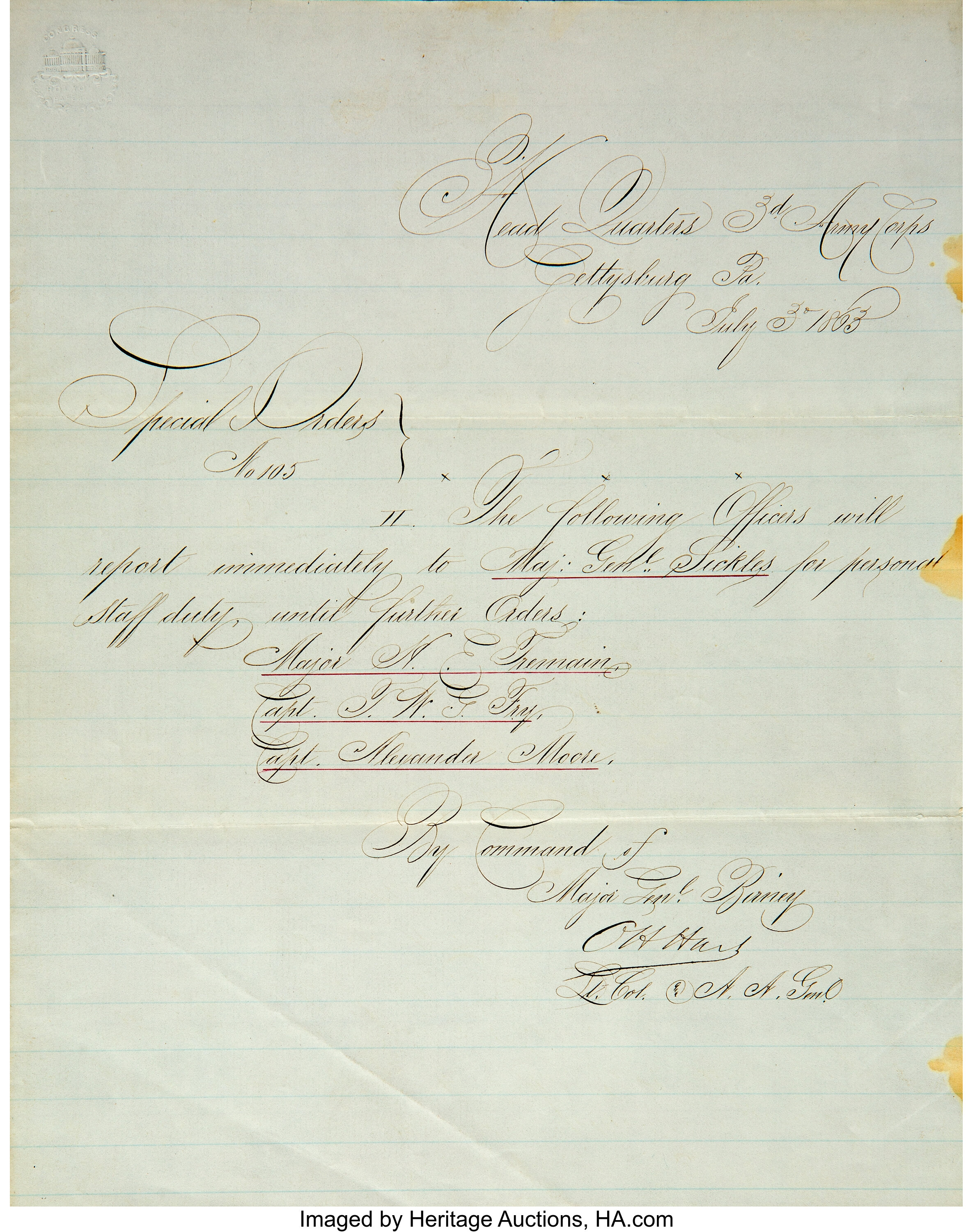 General Dan Sickles: Original Order For Detail From Gettysburg to | Lot ...