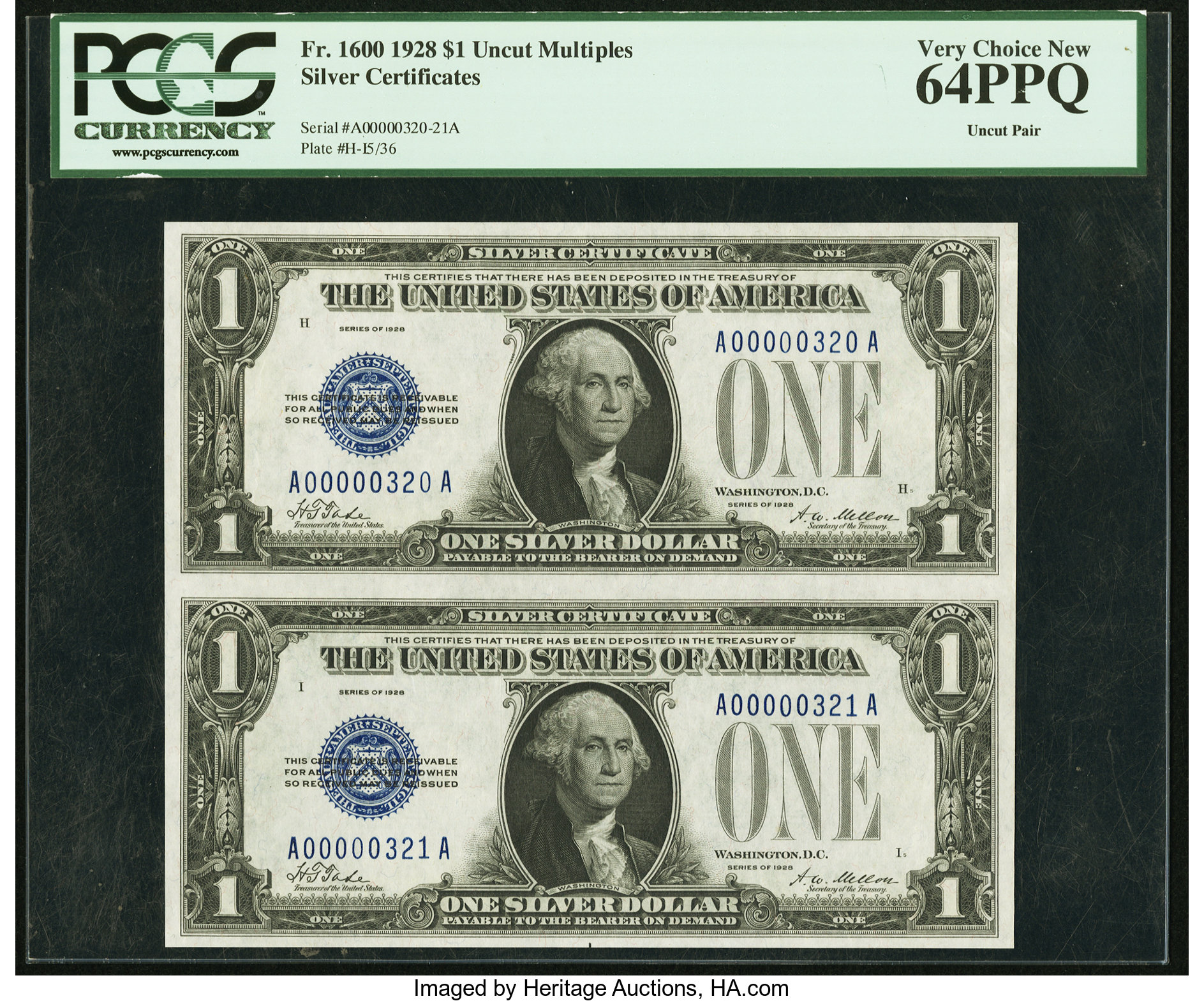 Low Serial Numbers Fr. 1600 $1 1928 Silver Certificates Uncut Pair ...