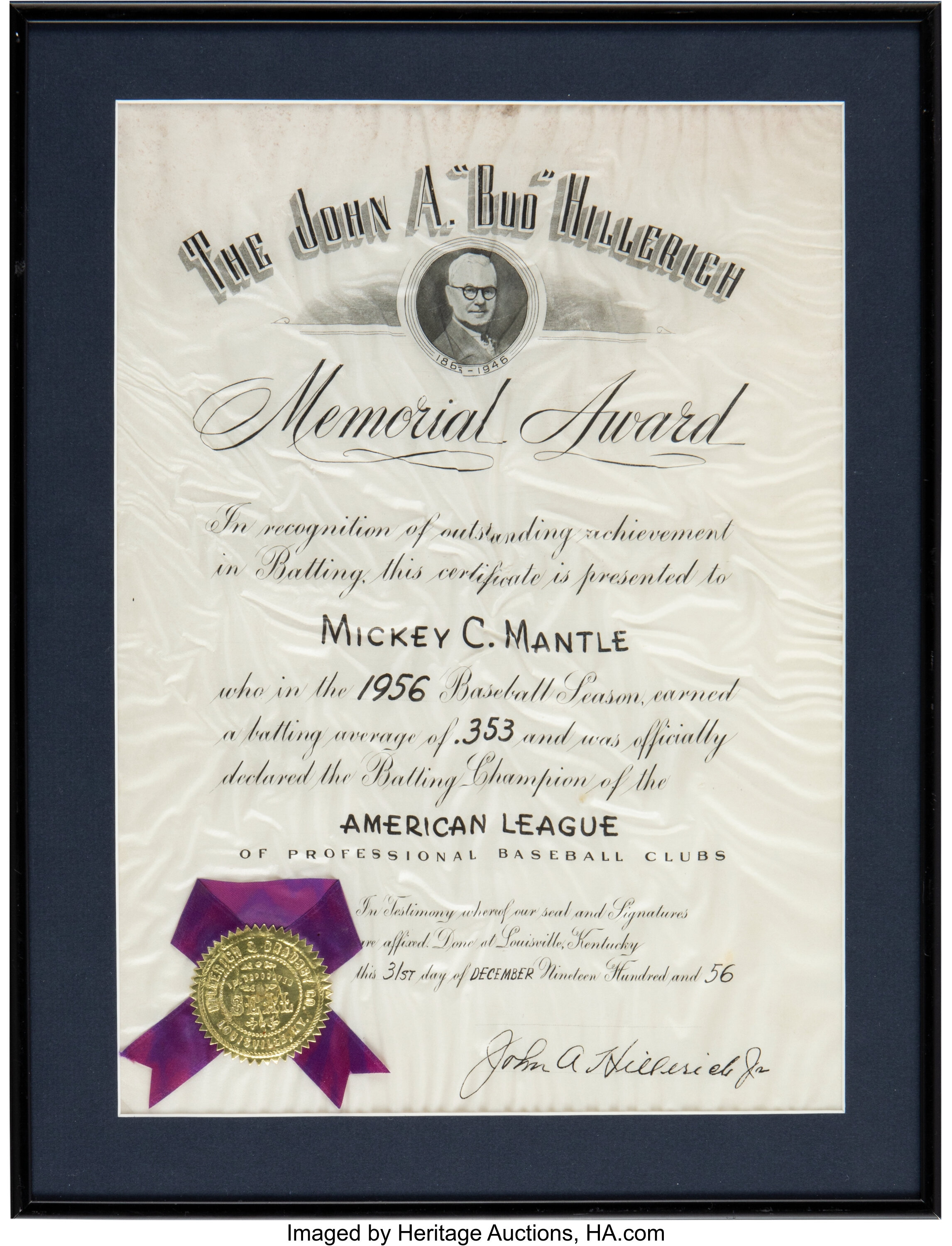 1956 The John A. 'Bud' Hillerich Memorial Award Presented to Mickey ...