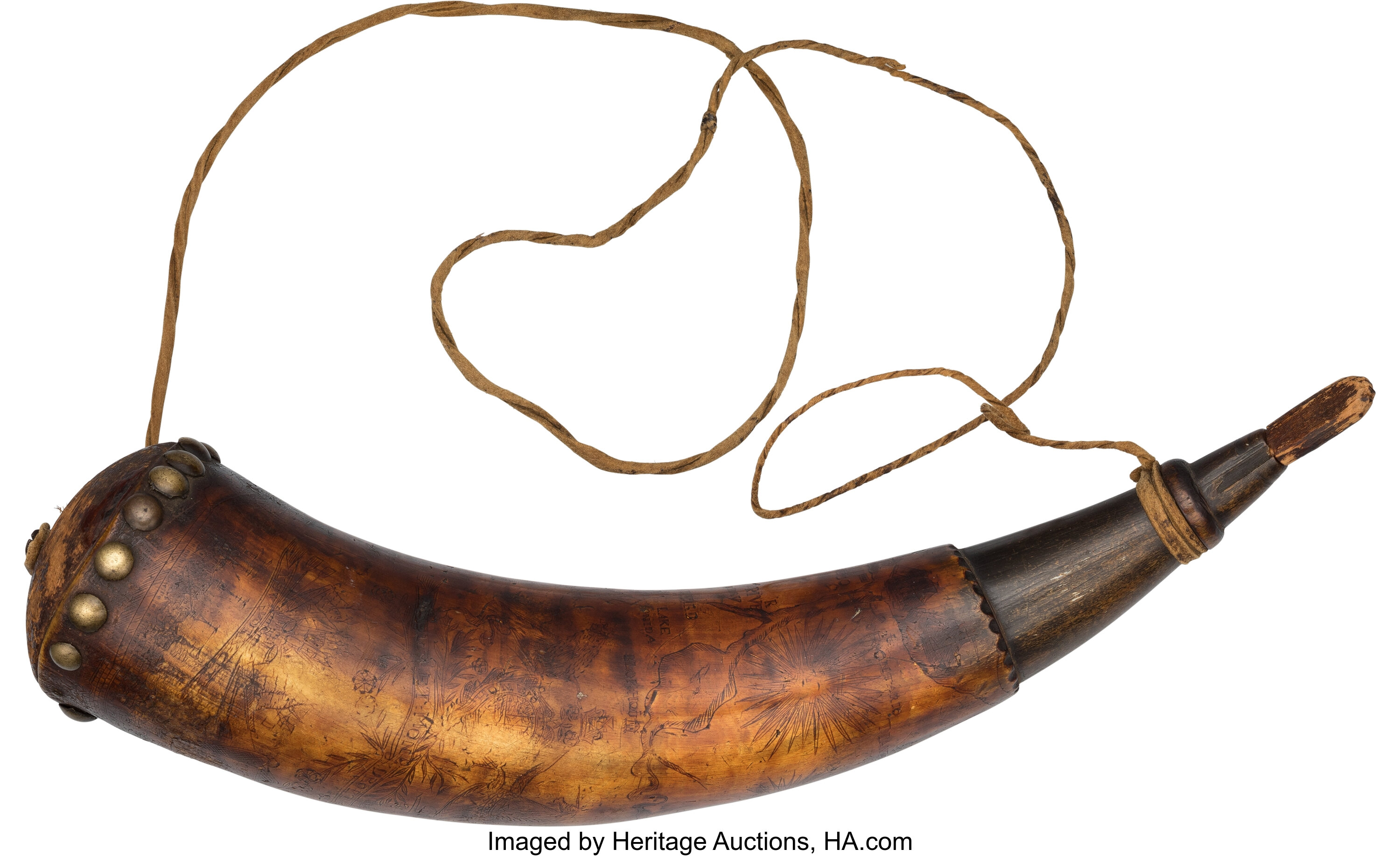 Elaborately Carved 18th Century New York Map Powder Horn.... Arms | Lot ...