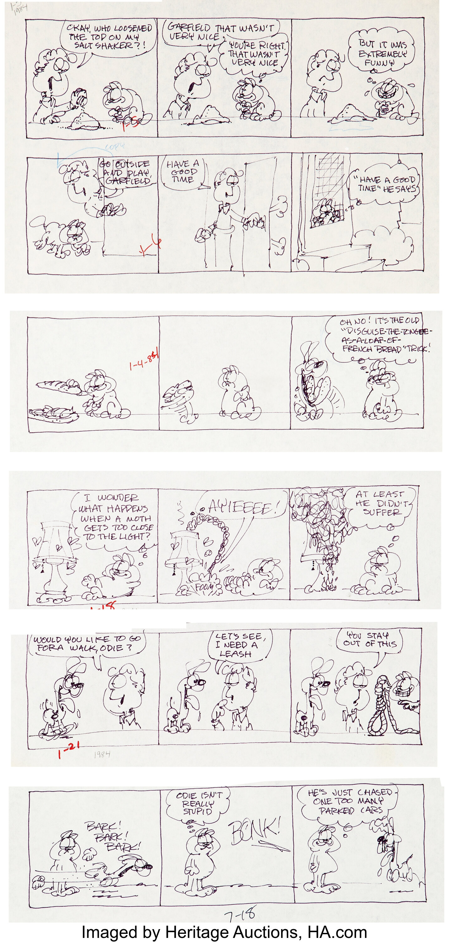 Jim Davis Garfield Daily Comic Strip Preliminary Original Art Group ...