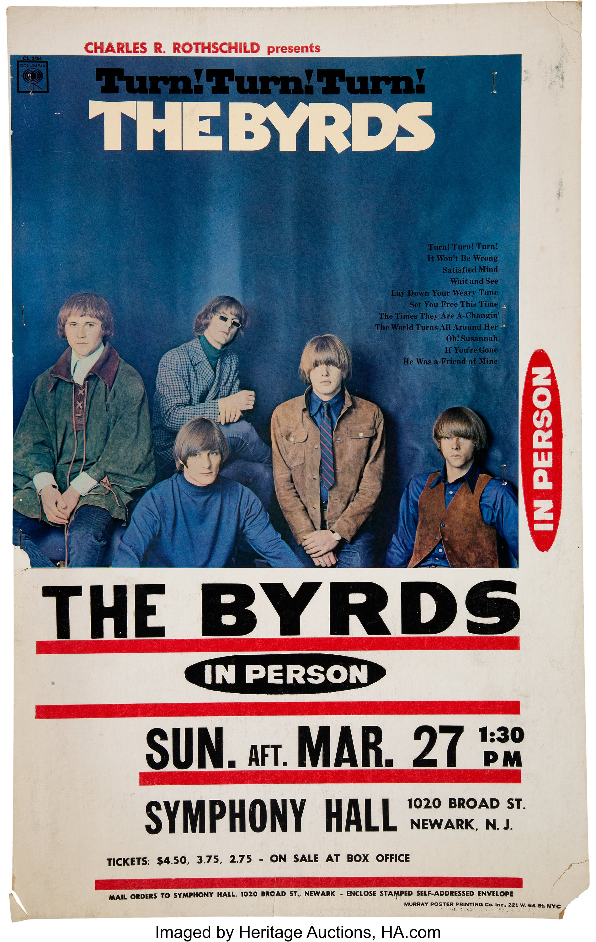 The Byrds 1966 Newark, NJ Concert Poster w/"Turn! Turn! Turn!" | Lot ...