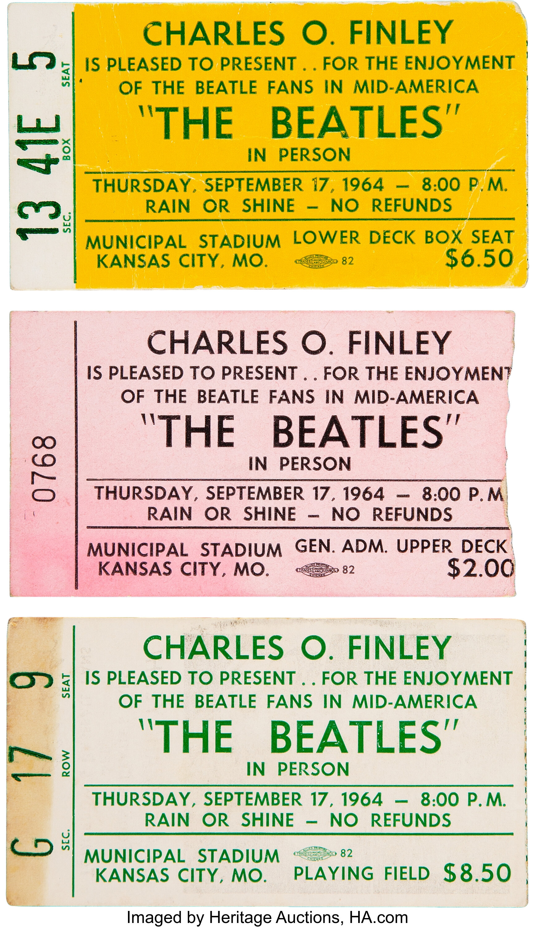The Beatles Kansas City "Extra Show" Concert Ticket Stubs (3) | Lot ...
