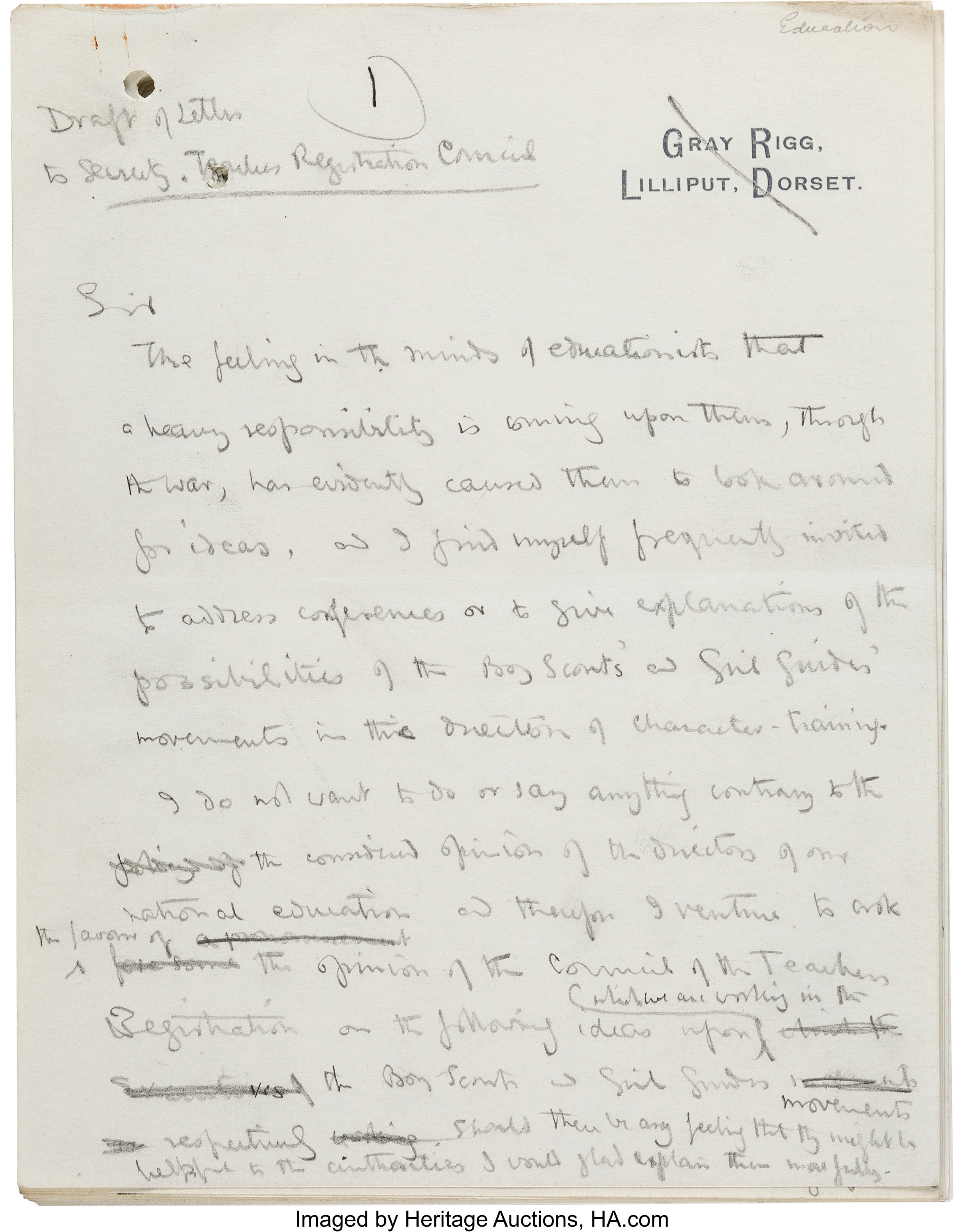 Robert Baden-Powell Autograph Draft Letter Regarding the Nascent | Lot ...