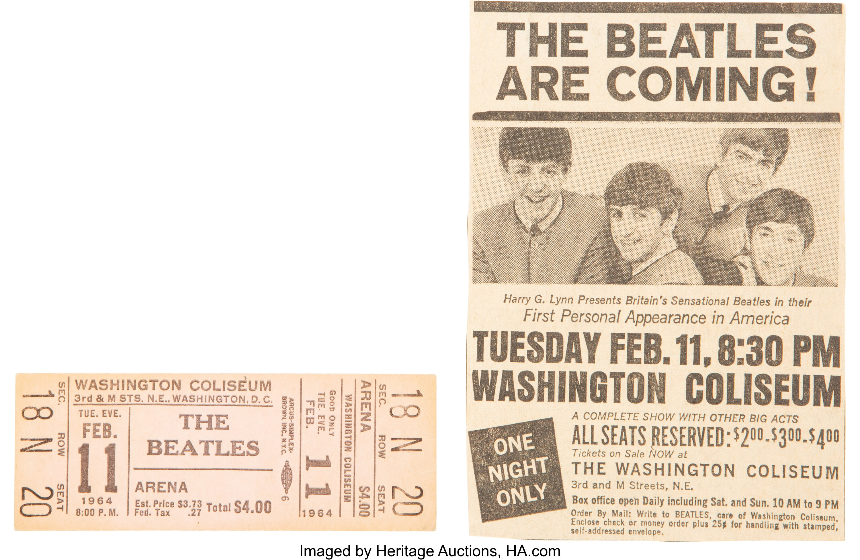 The Beatles Unused Concert Ticket For First US Concert at | Lot #89082 ...