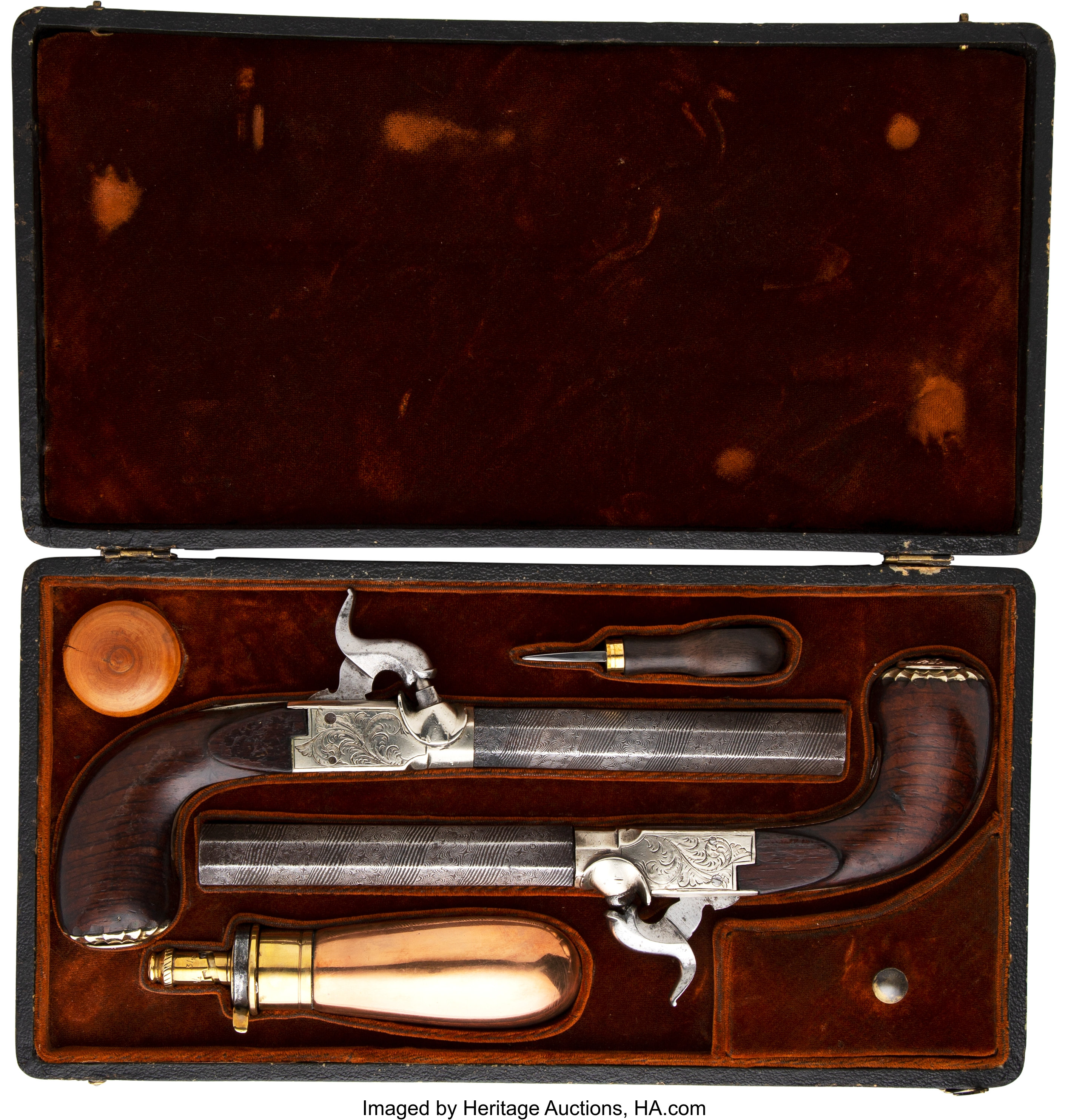 Cased Pair of Belgian Boxlock Percussion Pistols.. ... Handguns | Lot ...
