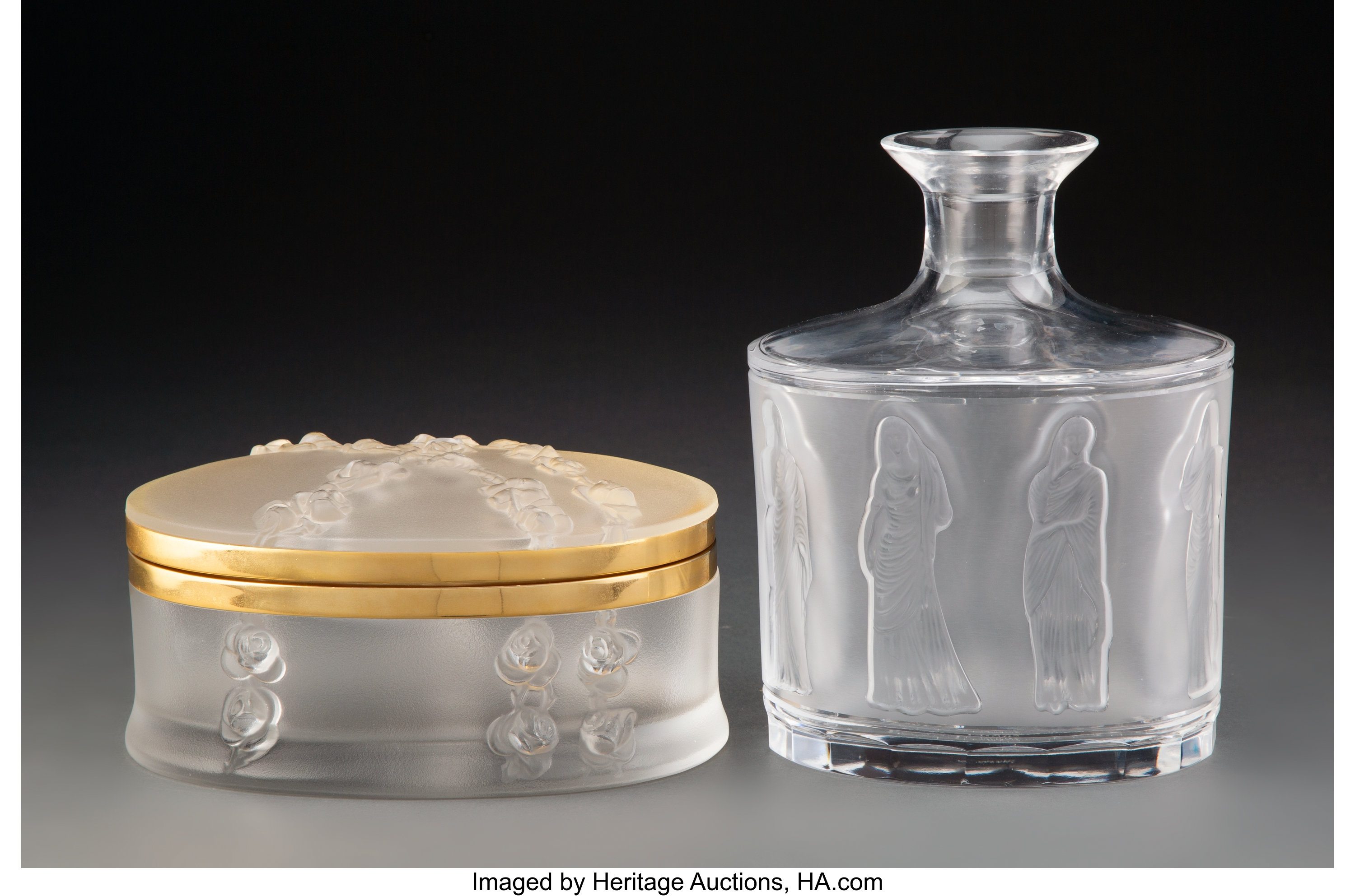 Lalique Glass Femmes Antiques Decanter and Covered Box with Gold | Lot ...