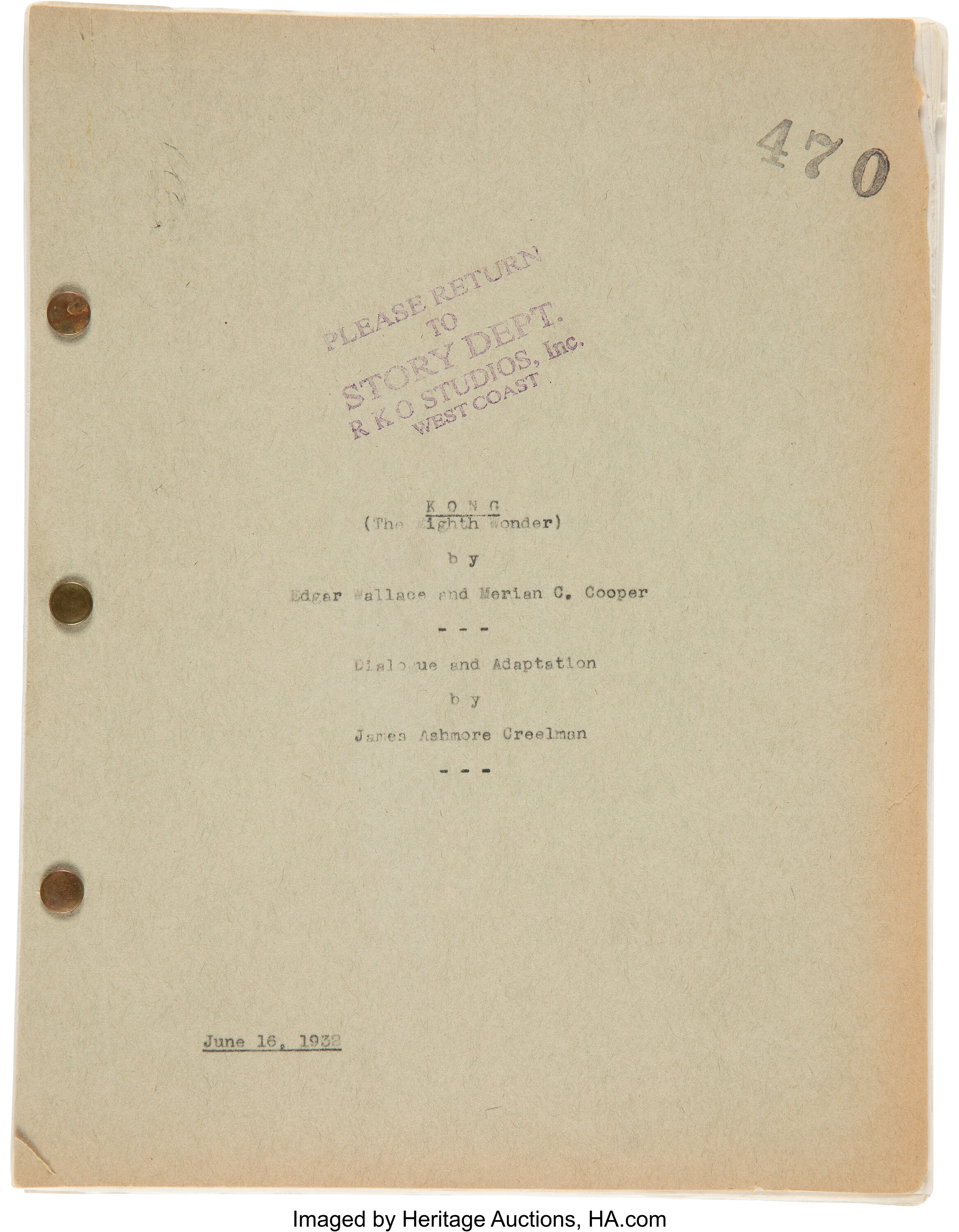 King Kong Rare Developmental Script, Titled Kong (The Eighth | Lot ...
