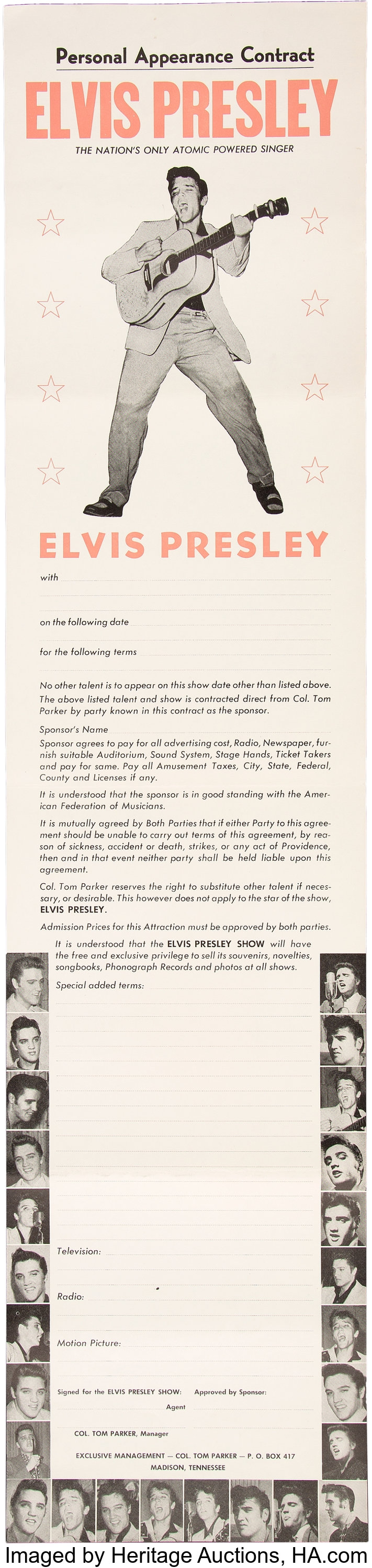 Elvis Presley Mid-50's Personal Appearance Contract. ... Music | Lot ...