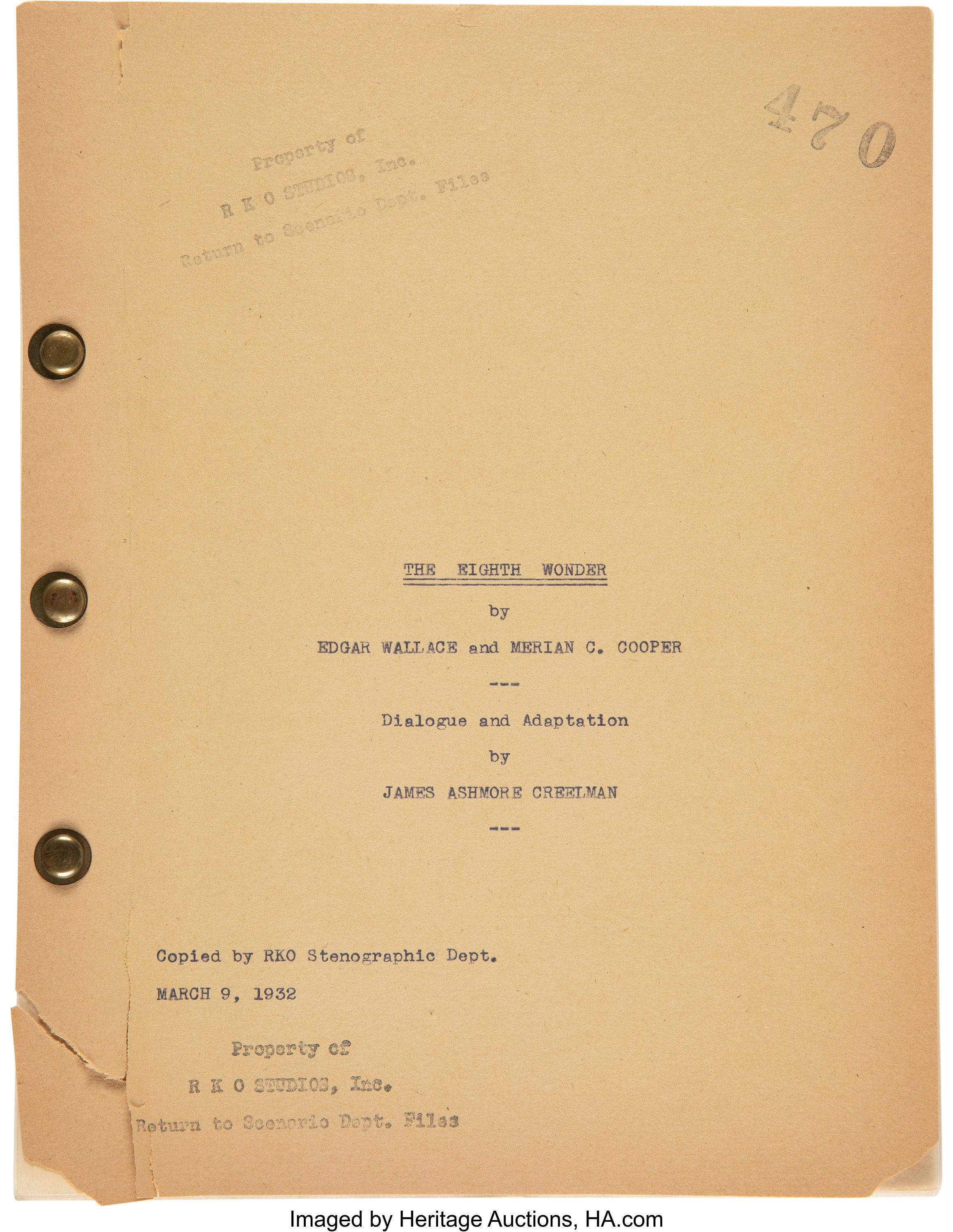 King Kong Rare Early Developmental Script, Titled The Eighth Wonder ...