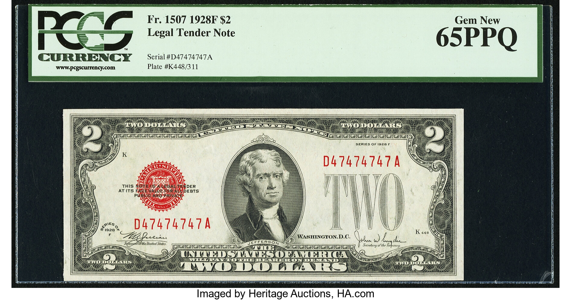 "Super Repeater" Serial Number 47474747 Fr. 1507 $2 1928F Legal | Lot ...