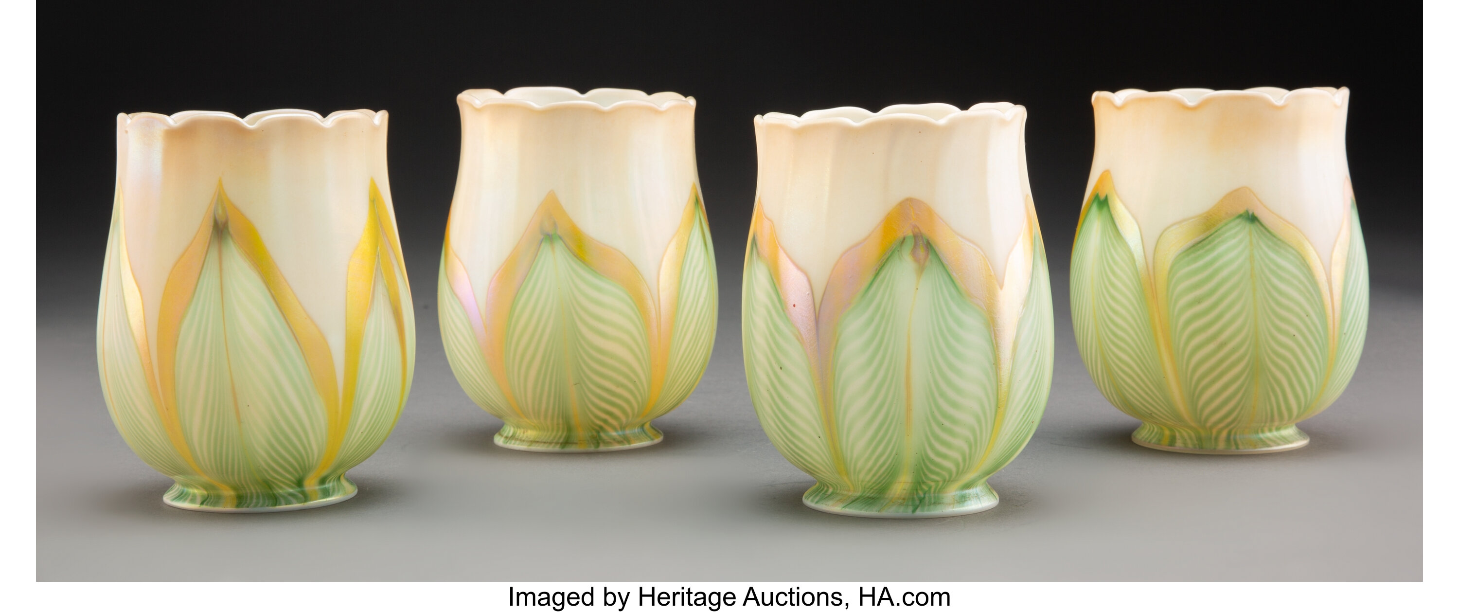 Set of Four Quezal Pulled Feather Glass Lamp Shades, early 20th | Lot ...