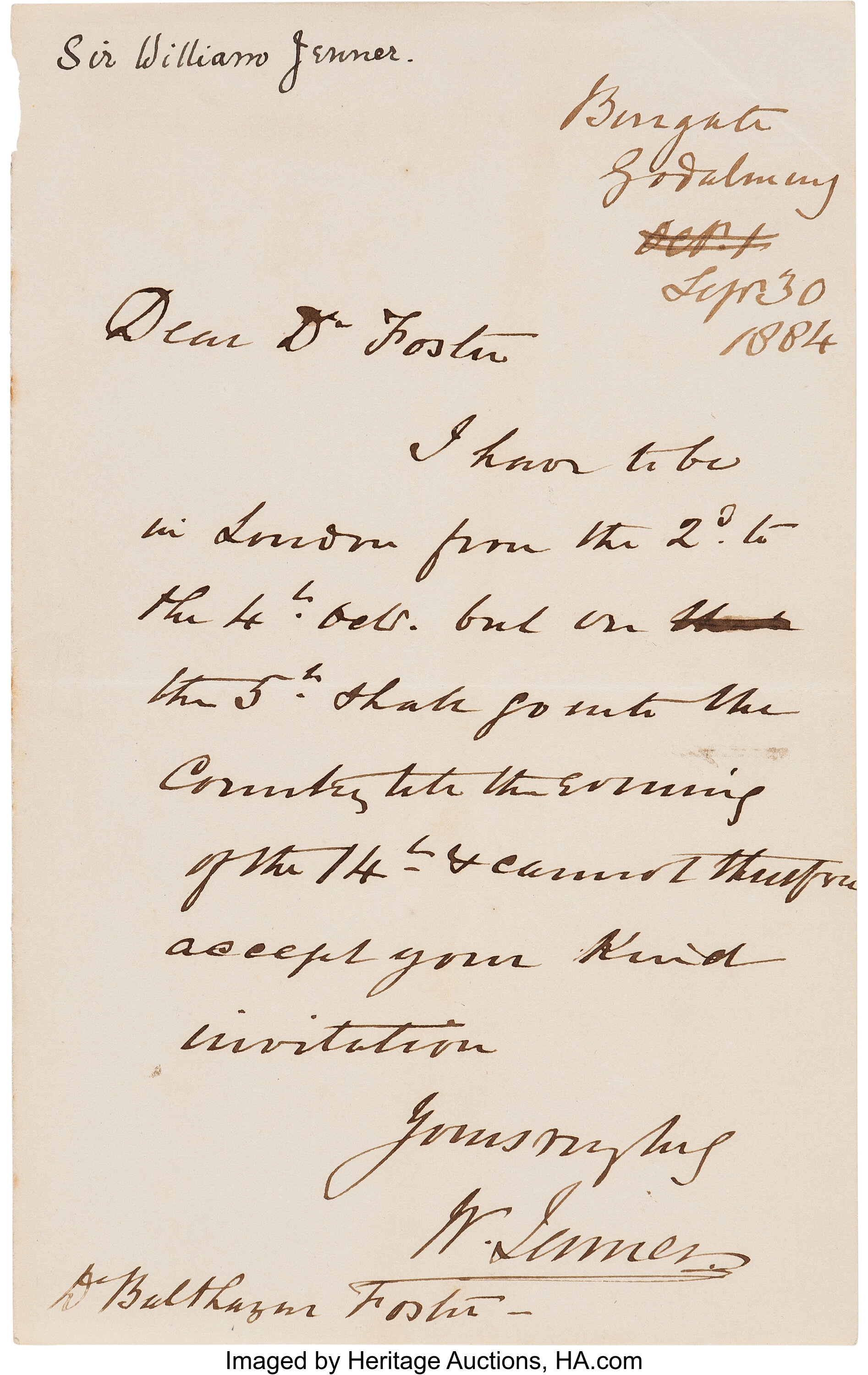 William Jenner Autograph Letter Signed. ... Books | Lot #47582 ...