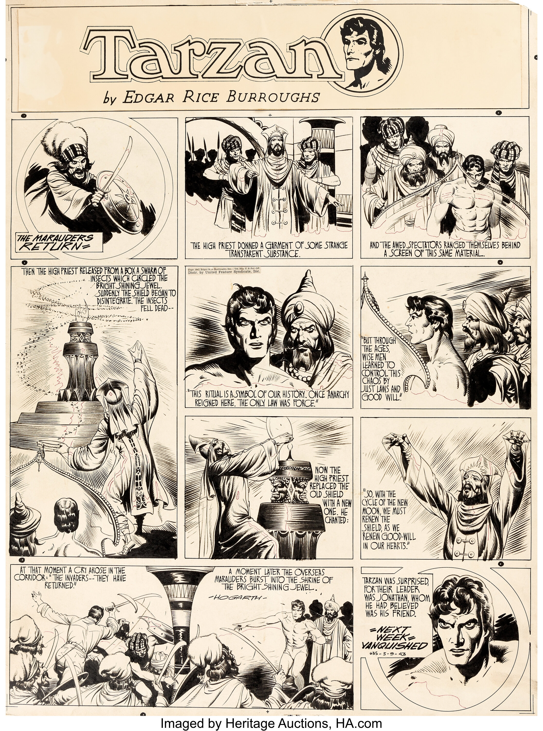 Burne Hogarth Tarzan Sunday Comic Strip Original Art dated 5-9-43 | Lot ...