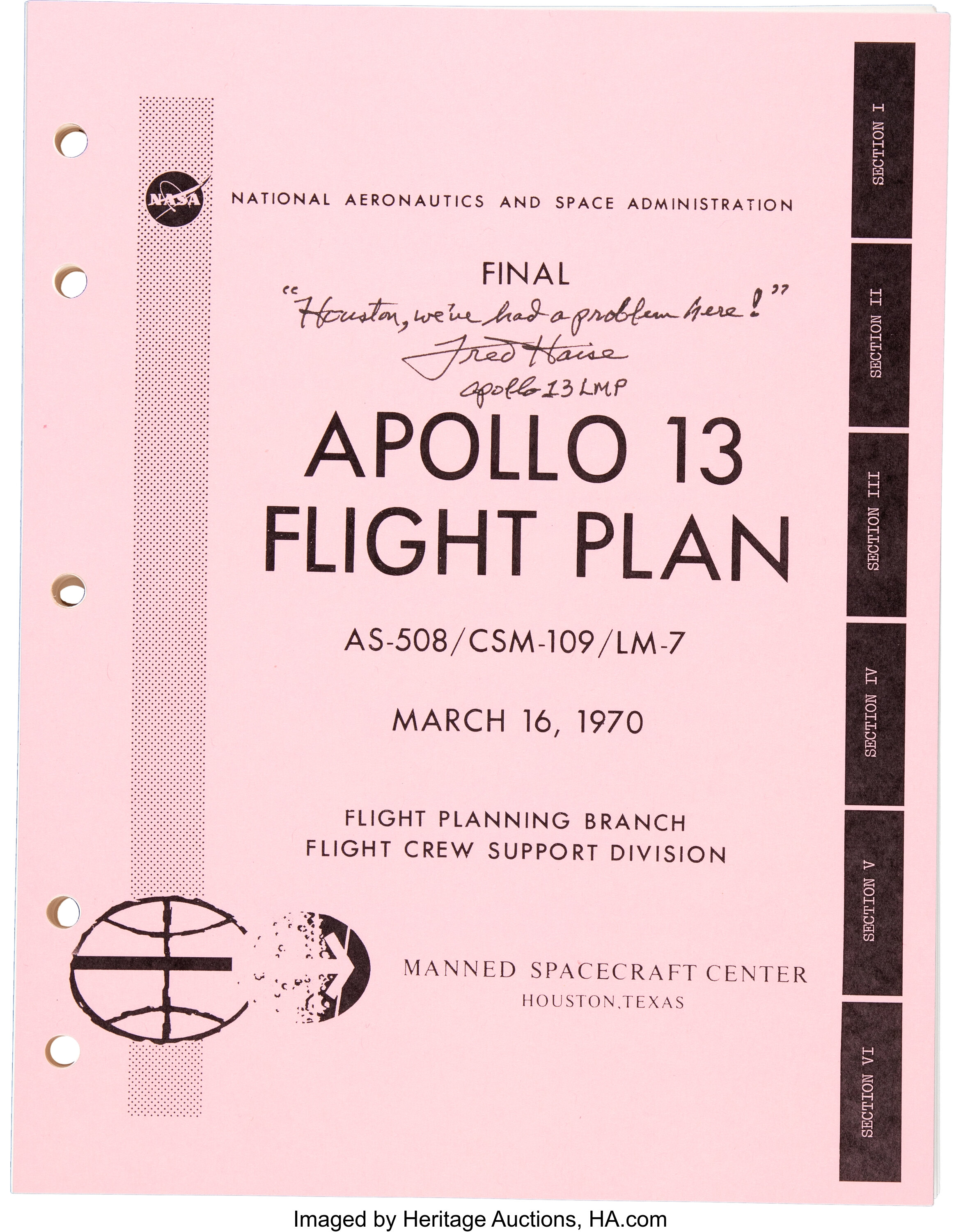 Apollo 13: Fred Haise Signed NASA "Final Apollo 13 Flight Plan" | Lot ...