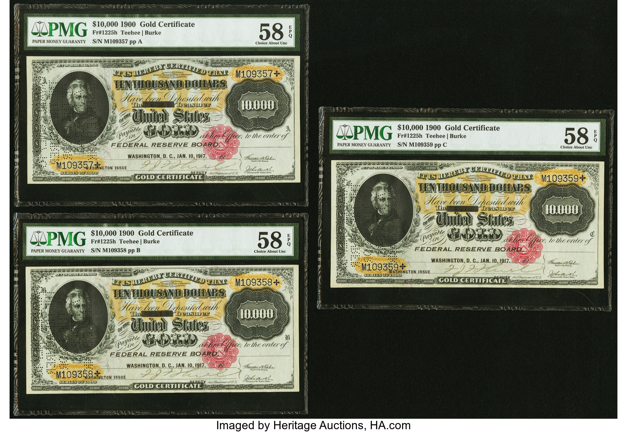 Cut Sheet of Three Fr. 1225h $10,000 1900 Gold Certificates PMG | Lot ...
