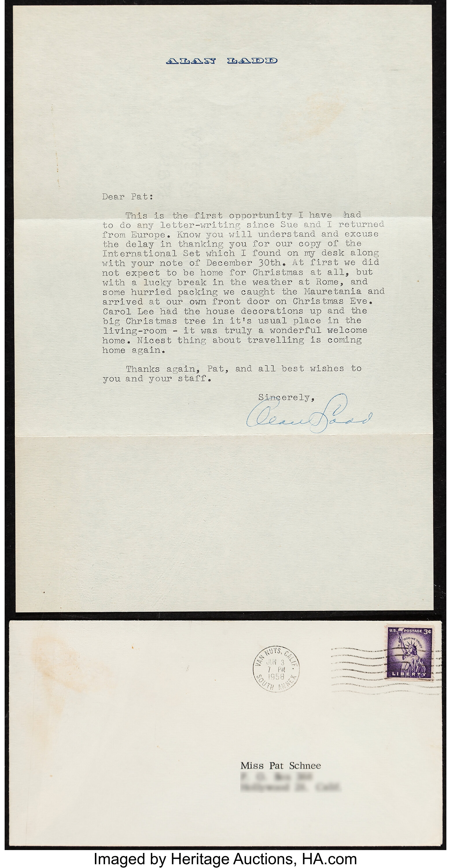 Alan Ladd (1958). Folded, Very Fine-. Signed Letter (7.25" X 10.5 ...
