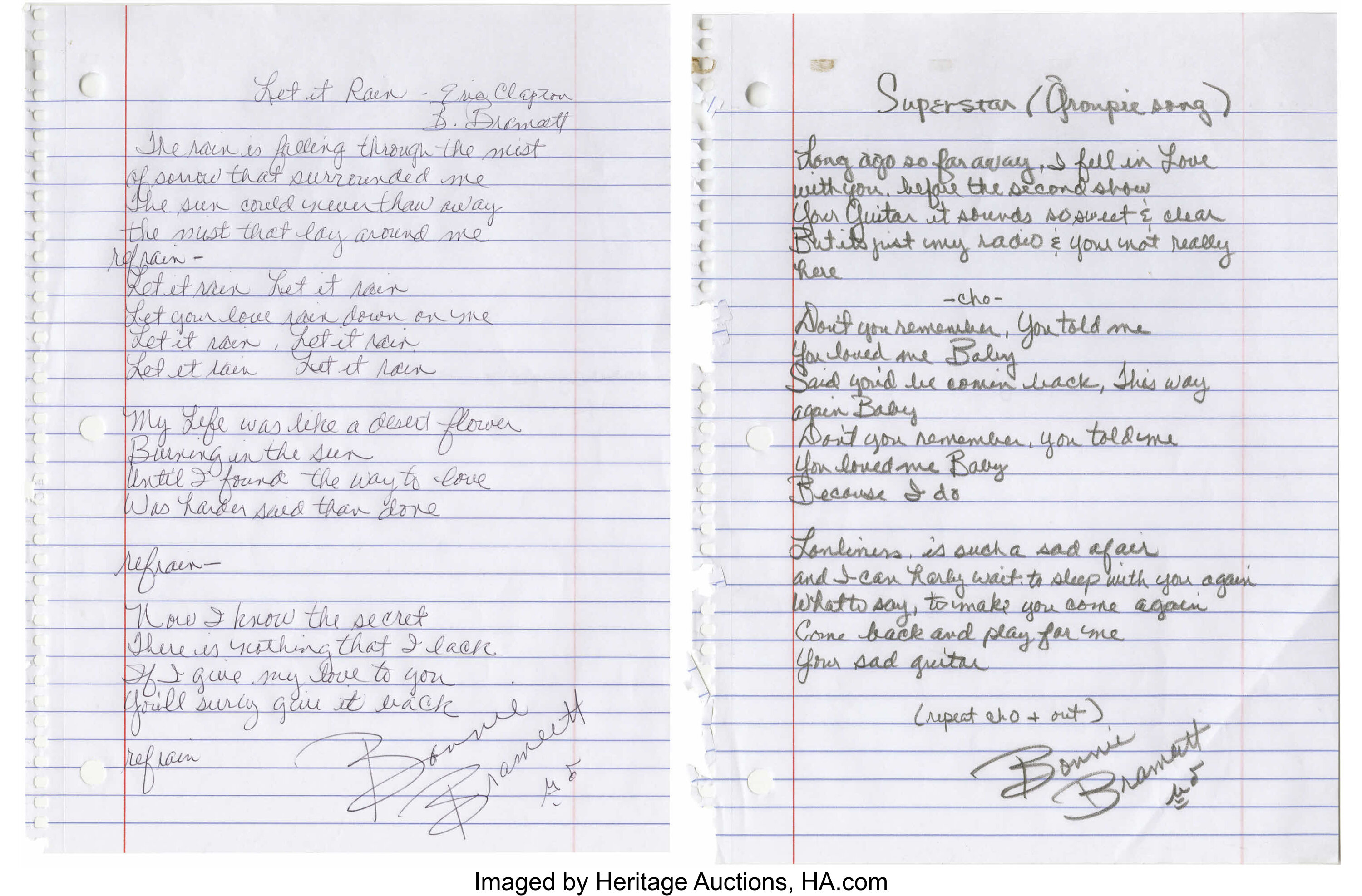Bonnie Bramlett Handwritten Lyrics. Two pages of composition | Lot ...