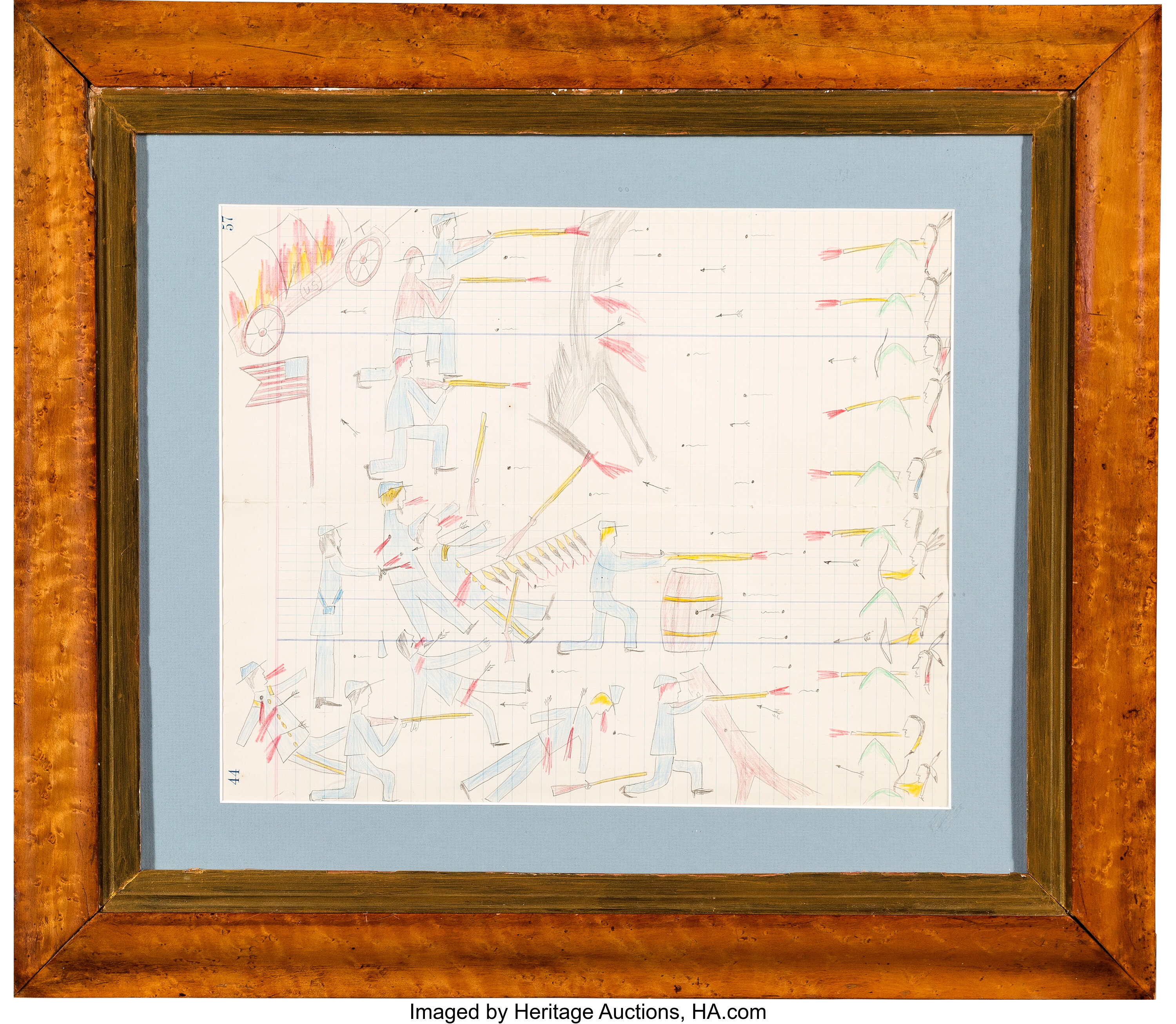 Native Americans: Dramatic Battle Scene Ledger Drawing.... Military ...