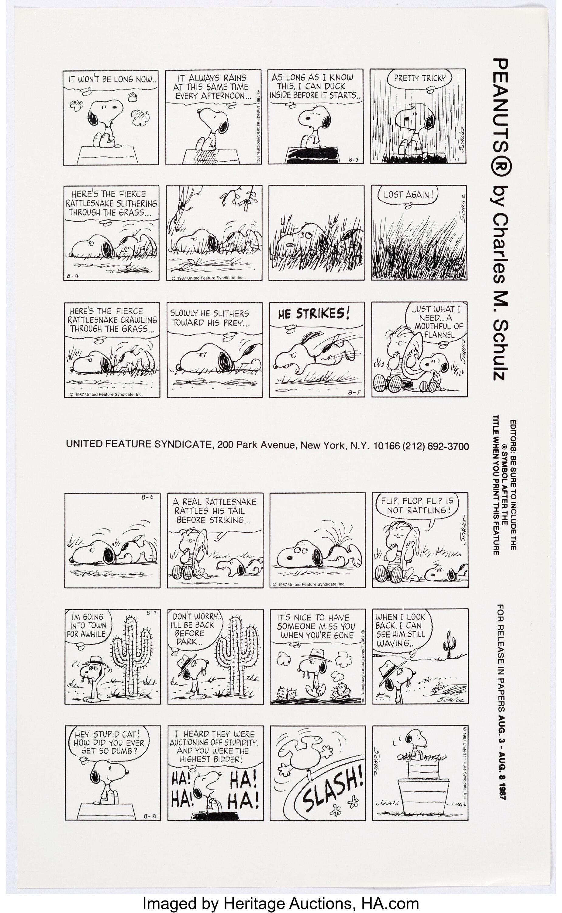Peanuts Daily Comic Strip Syndicate Proof Sheet Week of 8-3-87 | Lot ...