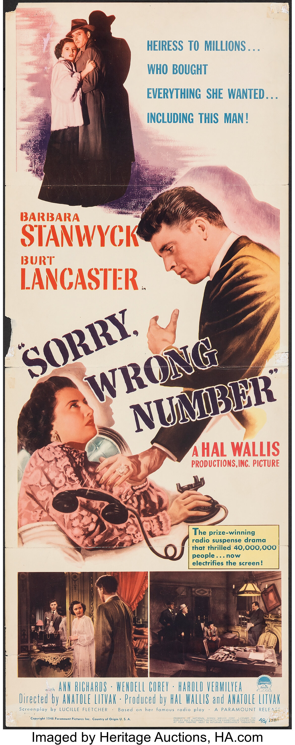 Sorry, Wrong Number (Paramount, 1948). Folded, Fine. Insert (14" X ...