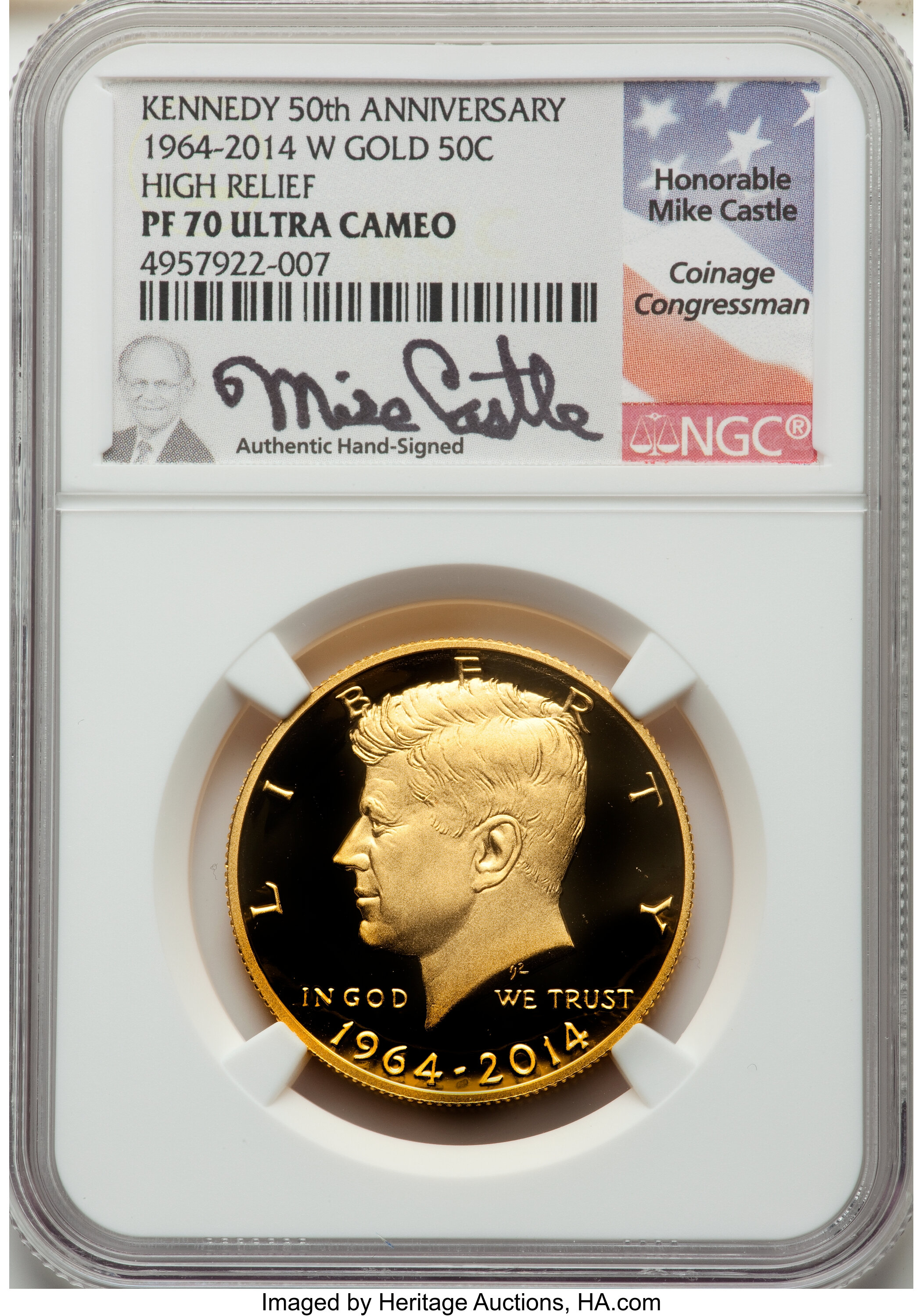 2014-W 50C High Relief, Gold Kennedy 50th Anniversary, Mike Castle ...