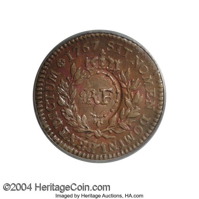 1767-A 9DEN French Colonies Copper Sou, RF Counterstamp ... | Lot #5005 ...