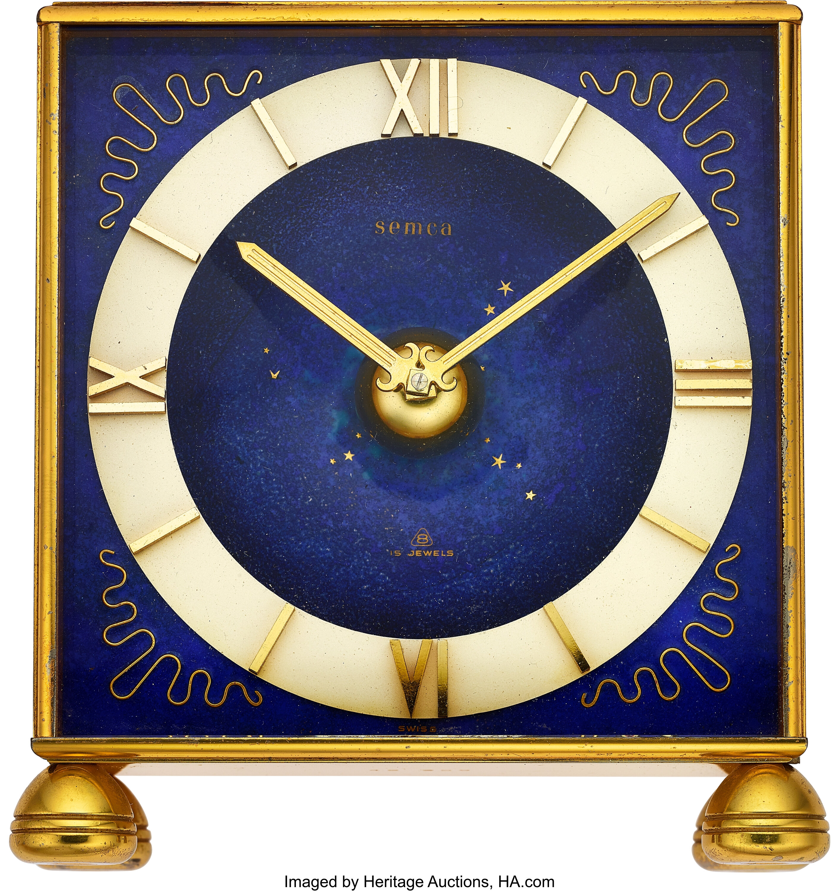 Semca, Swiss 8 Day Desk Clock With "Star" Enameled Dial. ... | Lot ...