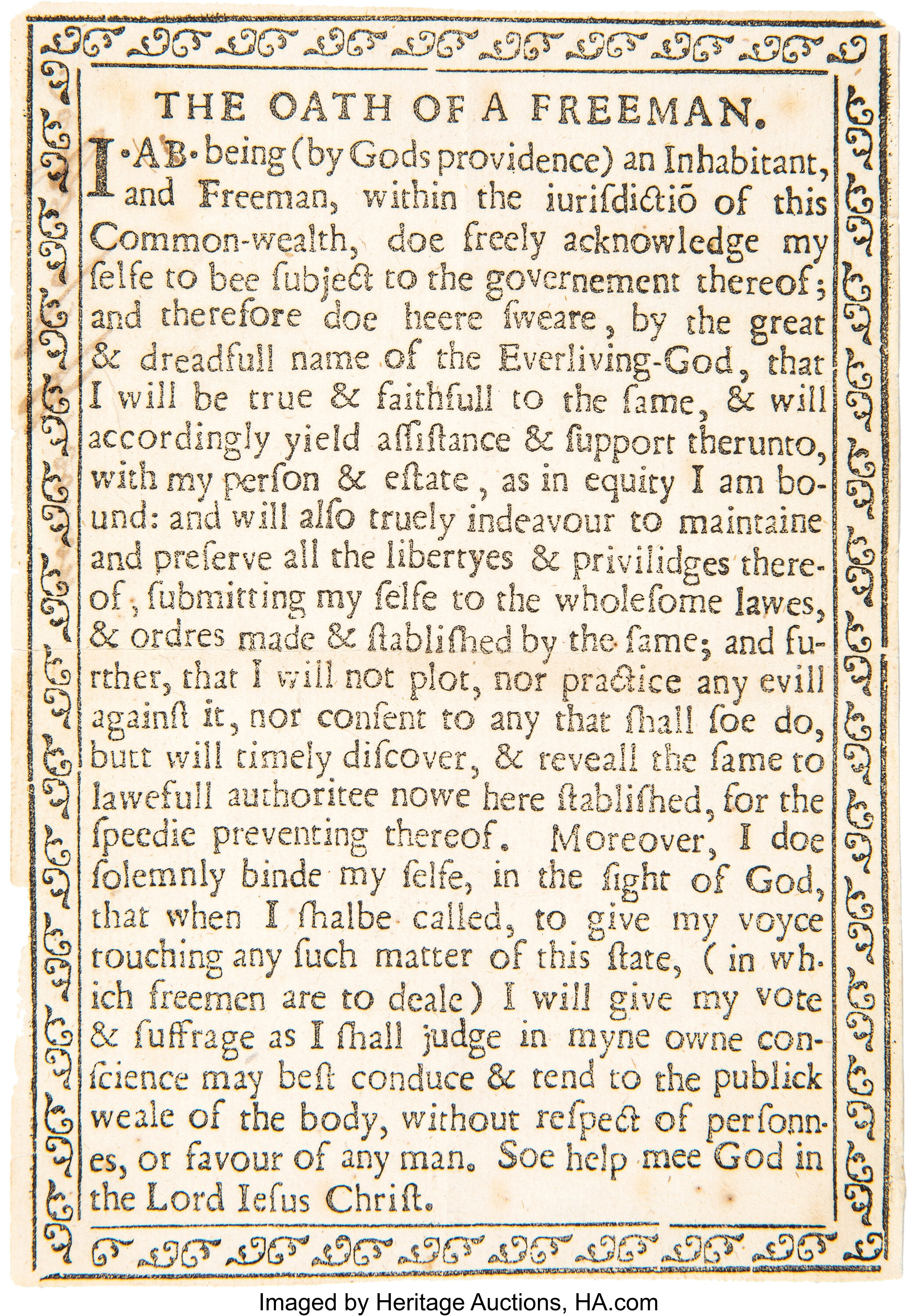 [Mark Hofmann, forger]. The Oath of a Freeman. Printed broadside | Lot ...
