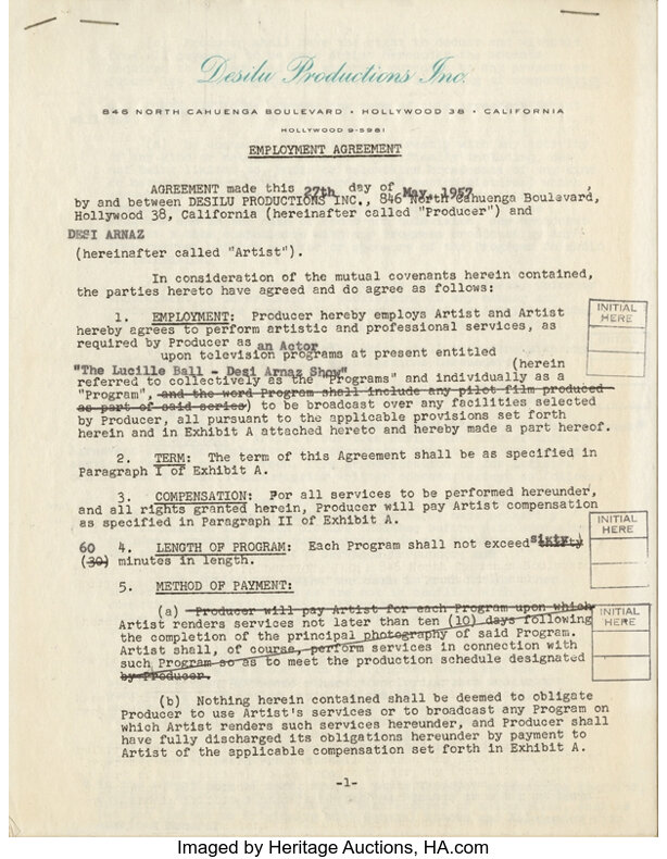 (2) Desilu employment contracts involving Lucille and Desi Arnaz. | Lot ...