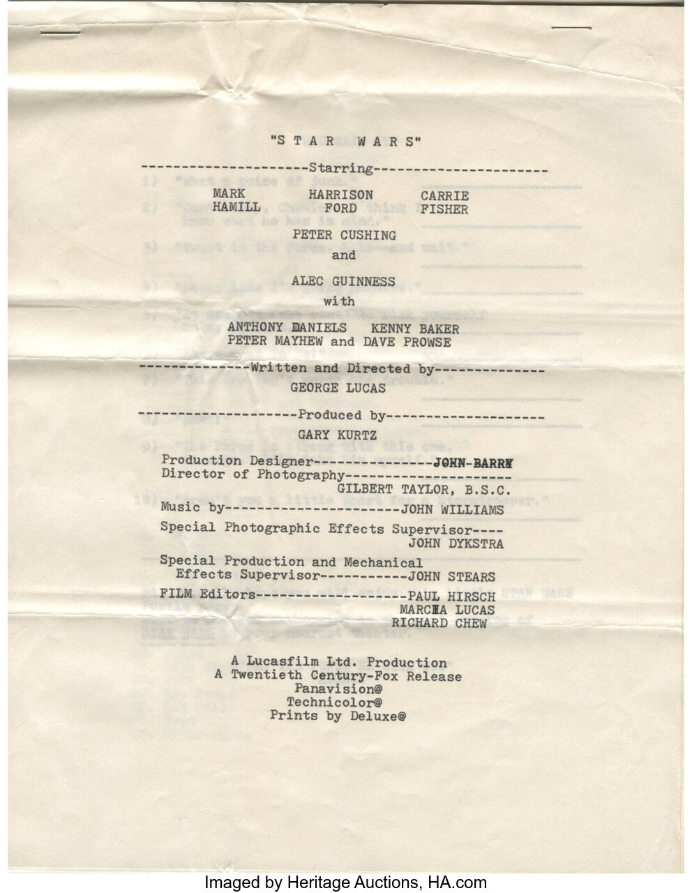 Carrie Fisher personal Star Wars: Episode IV: A New Hope activity | Lot ...