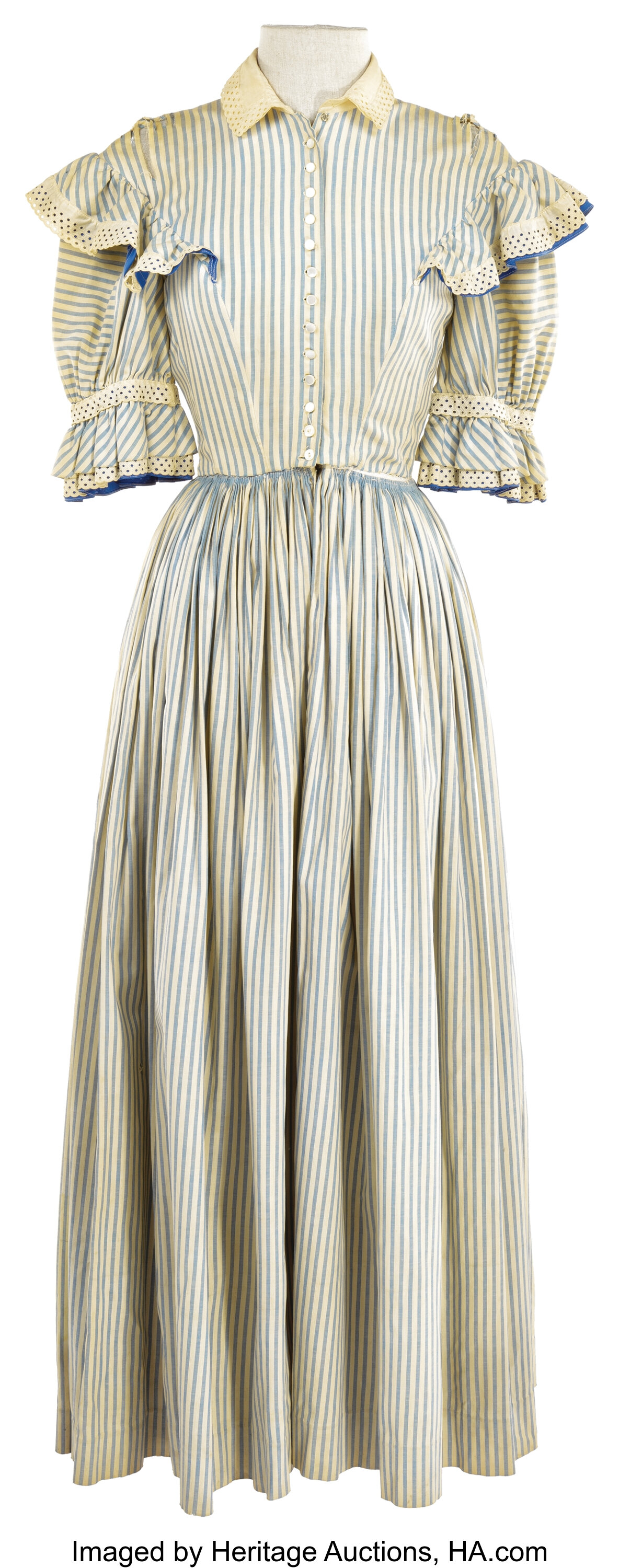 Joanne Dru "Nora Curtis" ivory and blue striped period dress | Lot ...