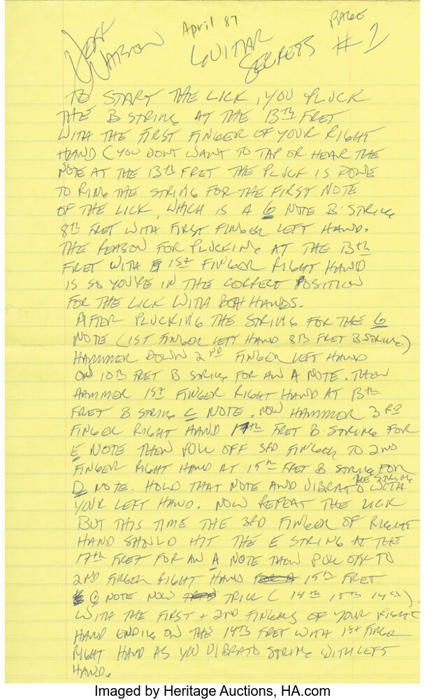 Jeff Watson of Night Ranger handwritten signed guitar lesson. ... | Lot ...