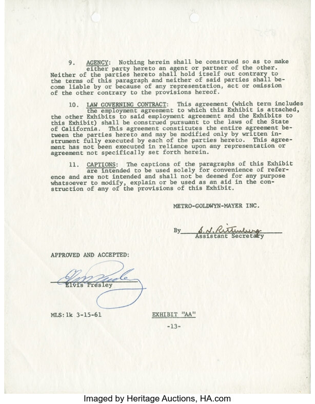 Elvis Presley signed movie contract page. ... Movie/TV Memorabilia ...