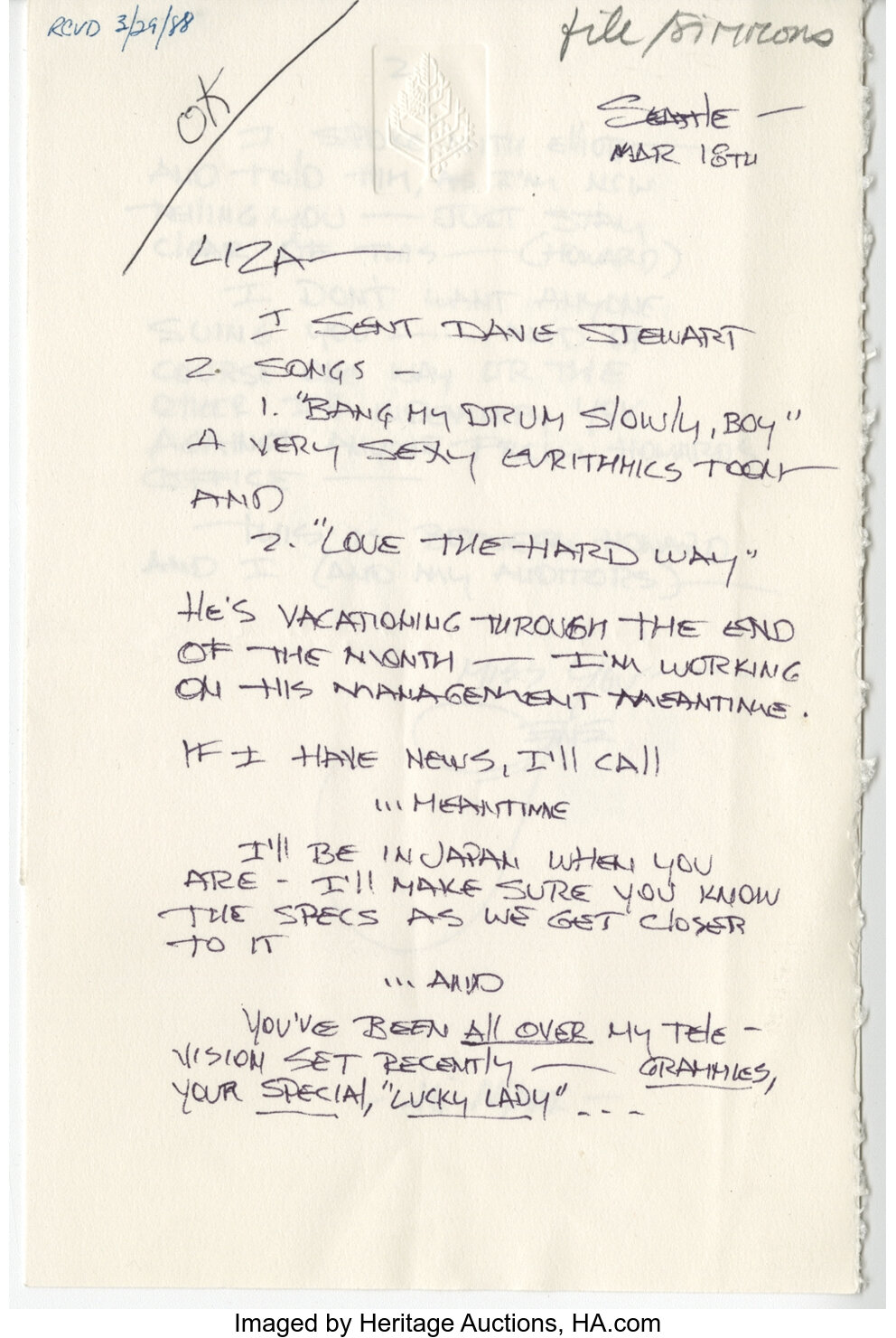 Gene Simmons (6) signed letters to Liza Minnelli.... Movie/TV | Lot ...