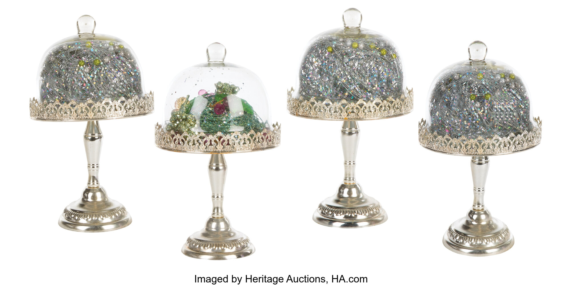 Group of (4) glass-topped silver party stands from The Hunger Games ...