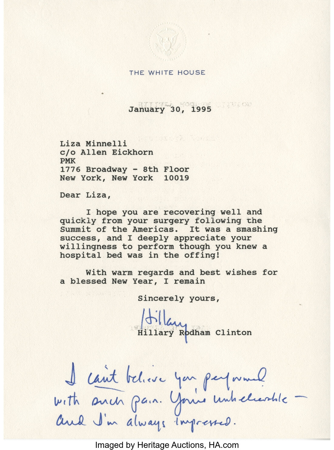 Liza Minnelli typed letter signed from First Lady Hillary | Lot #2085 ...