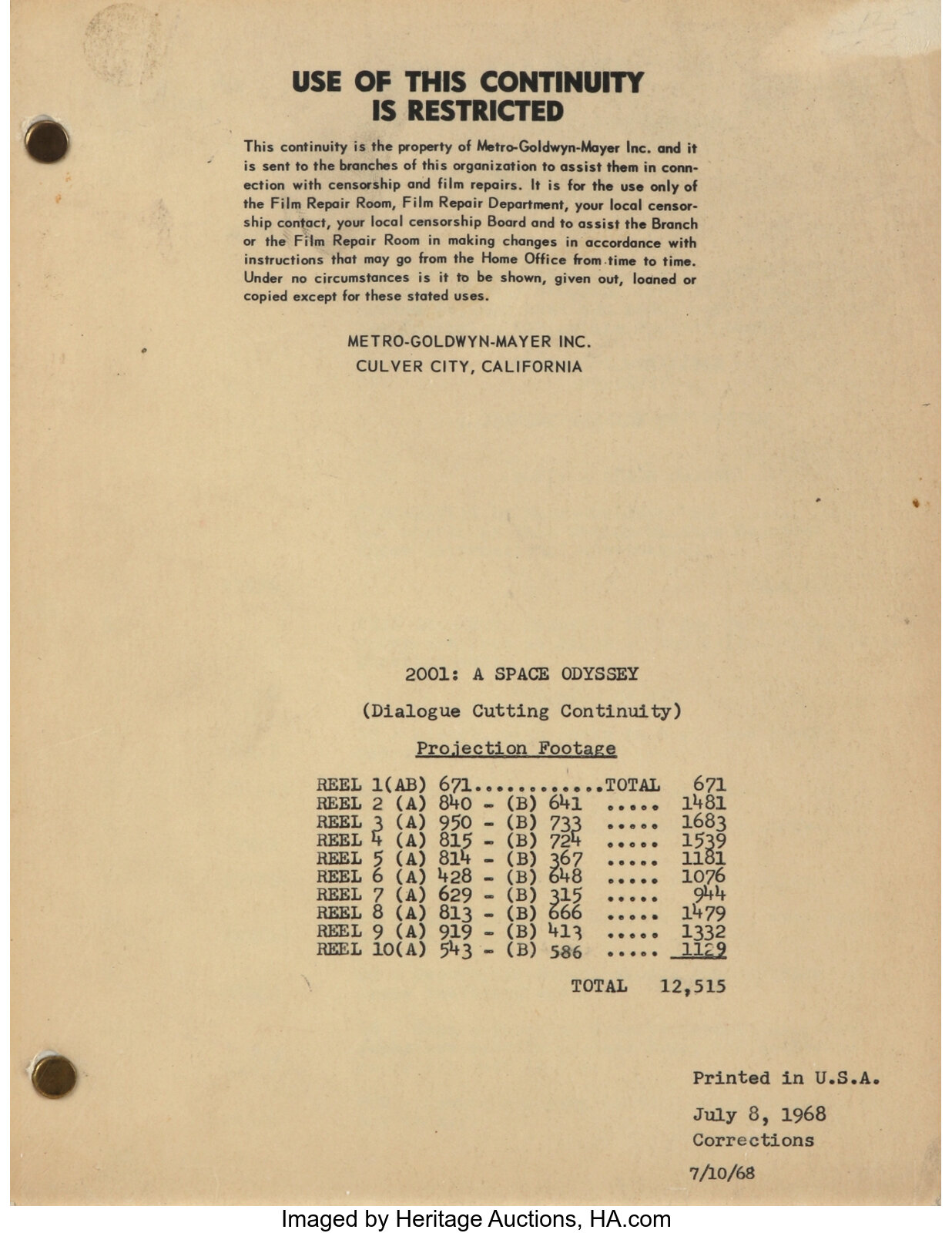 2001: A Space Odyssey dialogue cutting continuity script.... | Lot ...