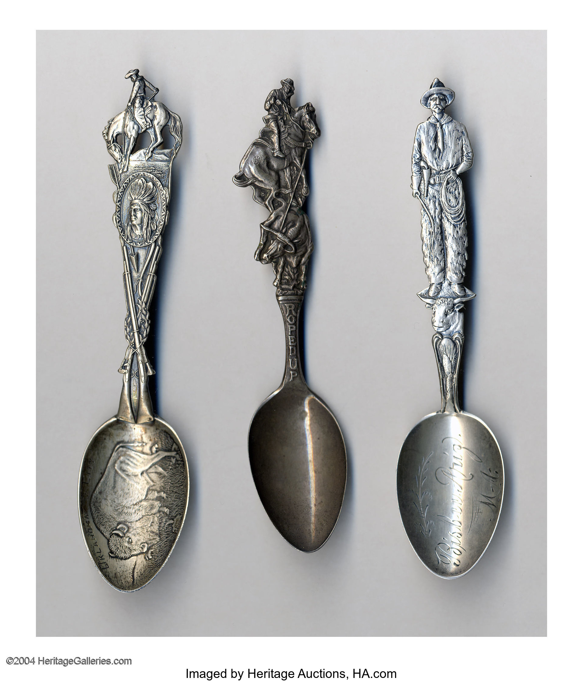 THREE AMERICAN SILVER WESTERN SOUVENIR SPOONS. Various makers, | Lot ...