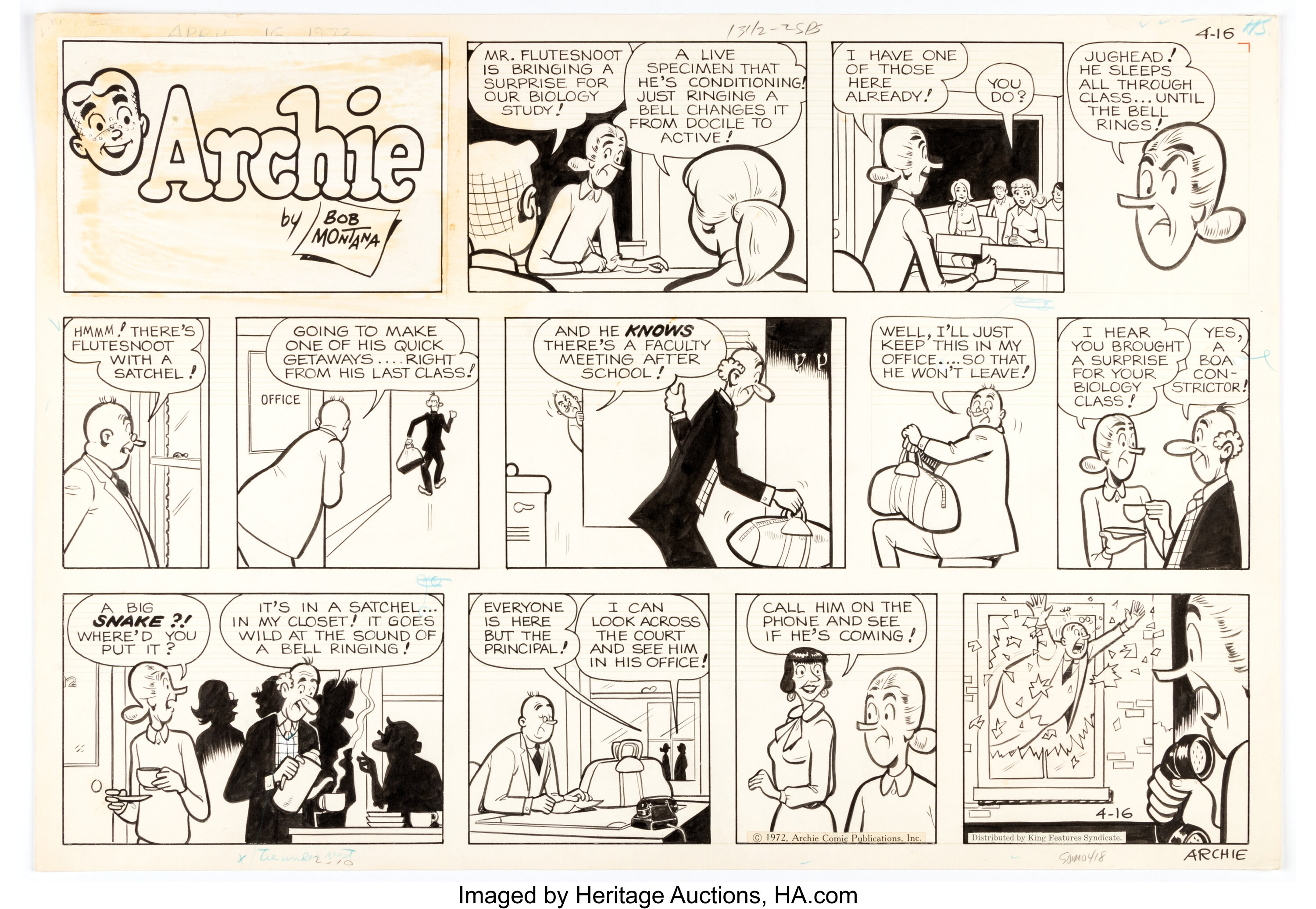 Bob Montana Archie Sunday Comic Strip Original Art dated 4-16-72 | Lot ...